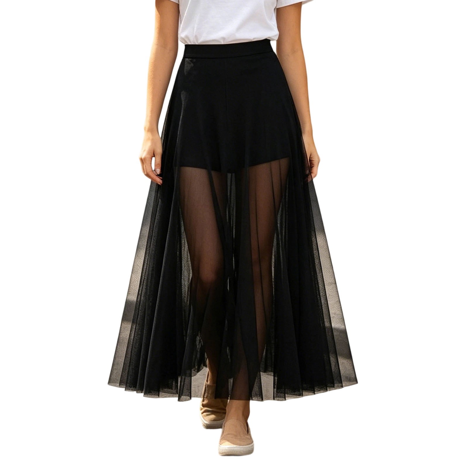 Arlun Womens Sheer Mesh Maxi Skirts High Waisted A-Line Flowy See ...