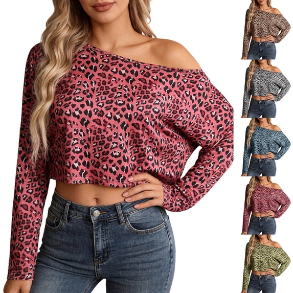 Arlun Womens off Shoulder Long Sleeve Crop Tops Leopard Print Boat Neck ...