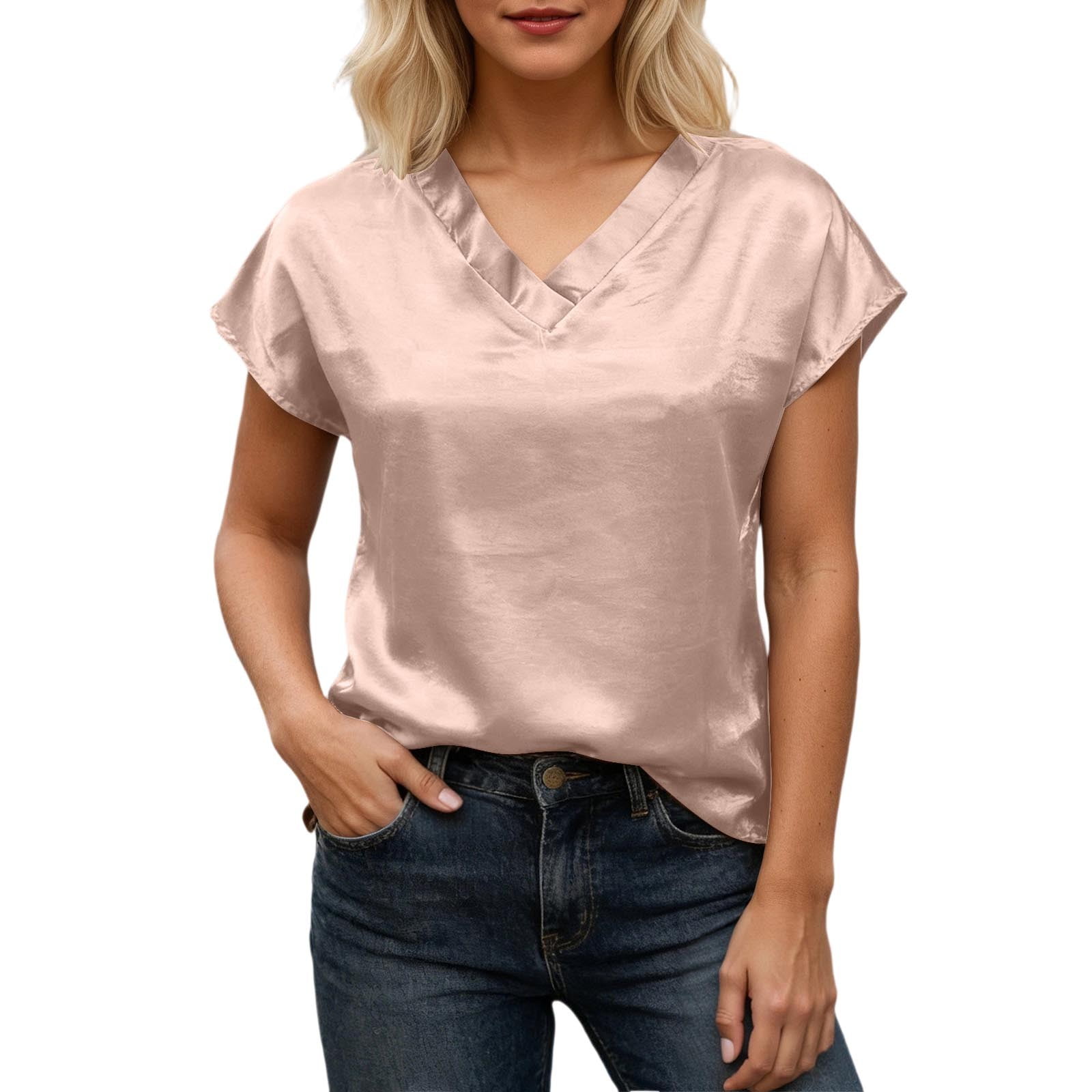 Arlun Womens Silk Satin Tops Cap Short Sleeve Blouse V-Neck Shirts ...