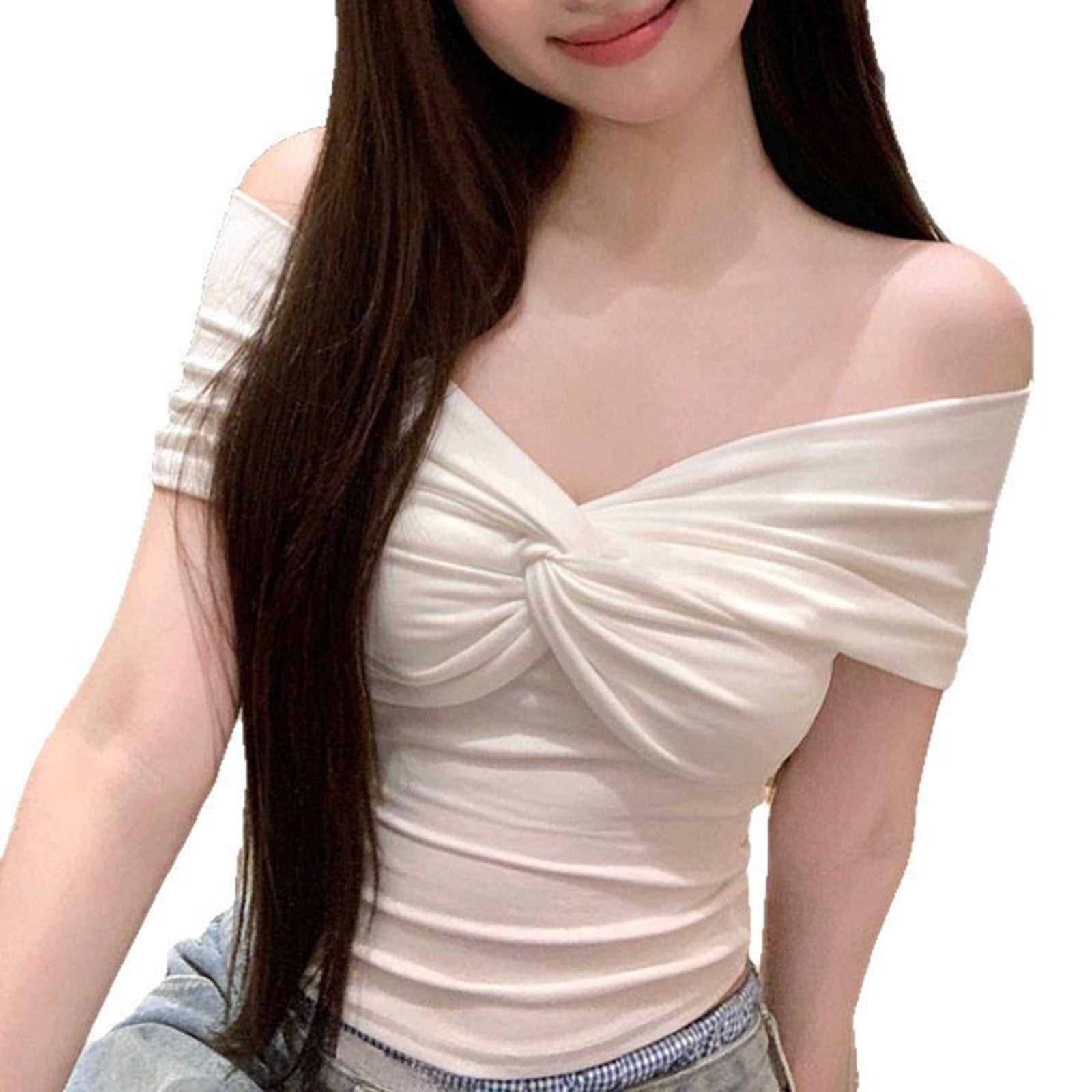 Arlun Womens Summer Twist Knot Front off the Shoulder Tank Tops V-Neck ...