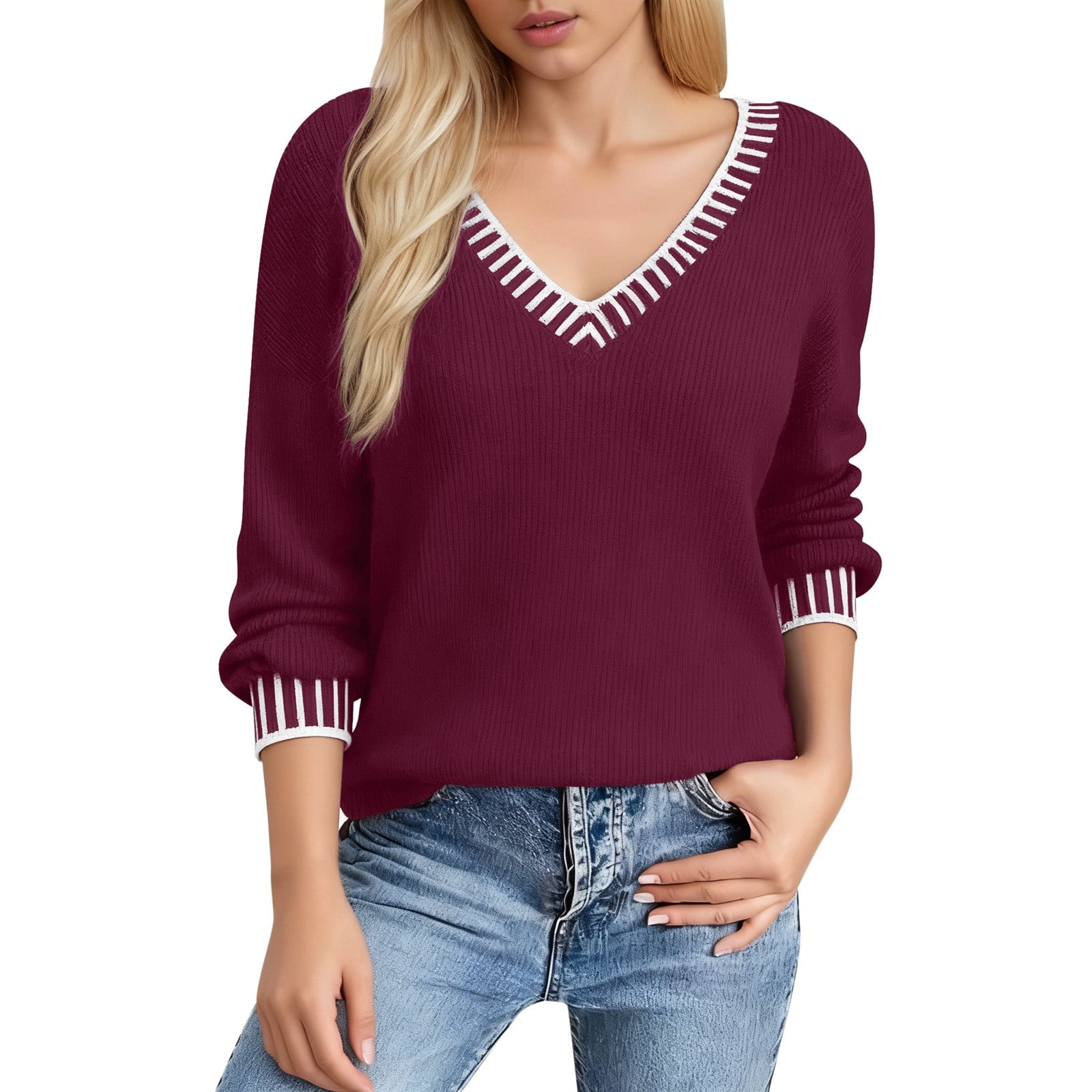 Arlun Womens Sweaters Casual V-Neck Long Sleeve Contrast Knit Pullover ...