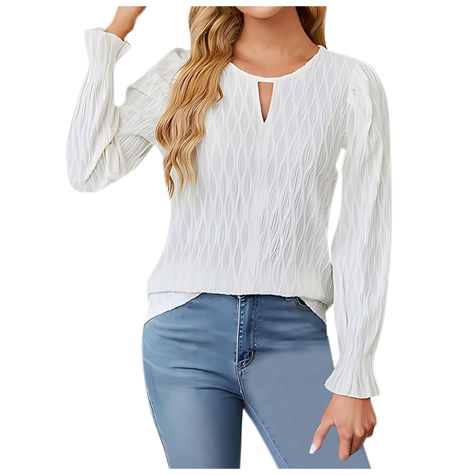 Arlun,Womens Trendy Jacquard T Shirts Solid Color Keyhole Neck Long ...