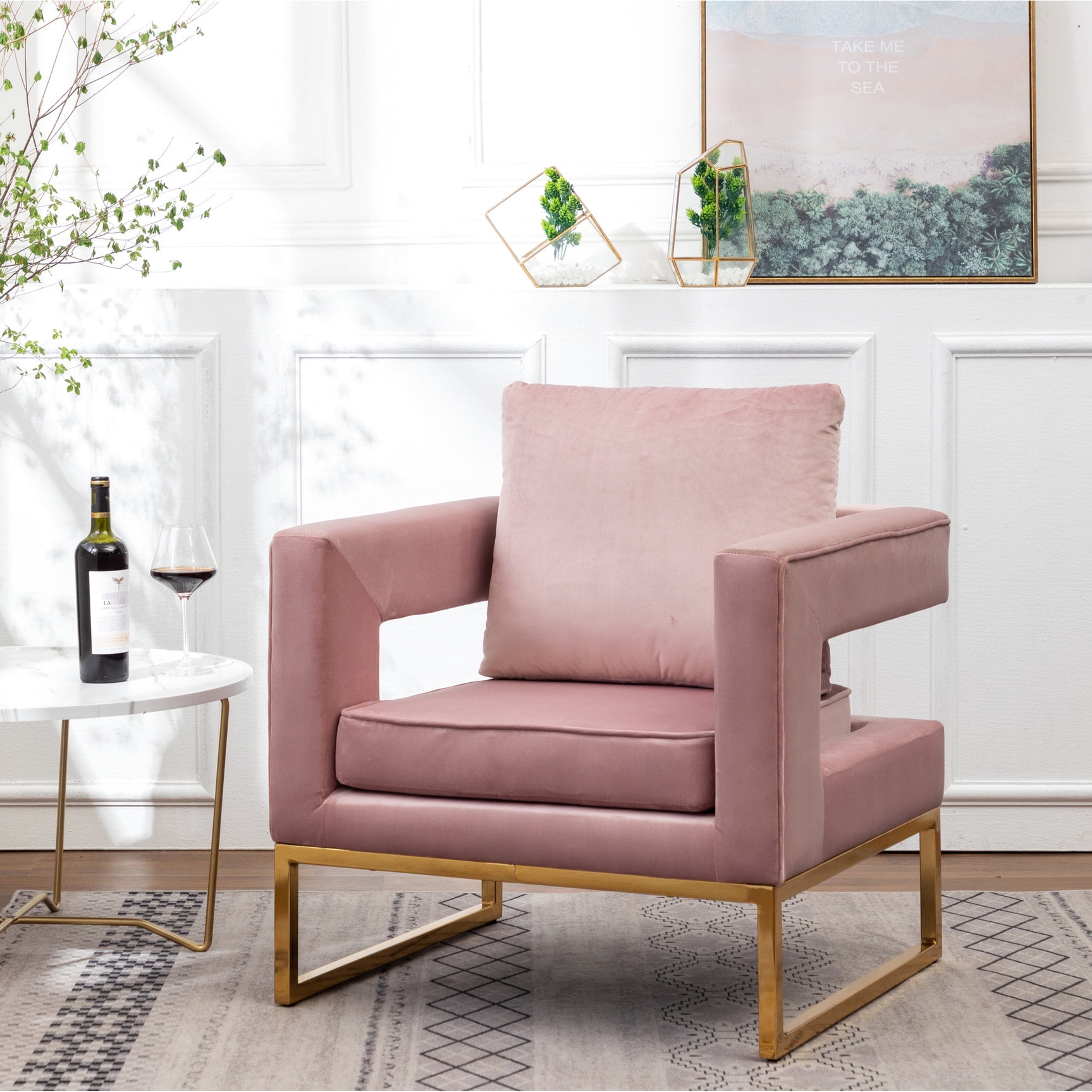 Arm Chair / Pink Velvet - like Material, Sturdy Base, Modern Style ...