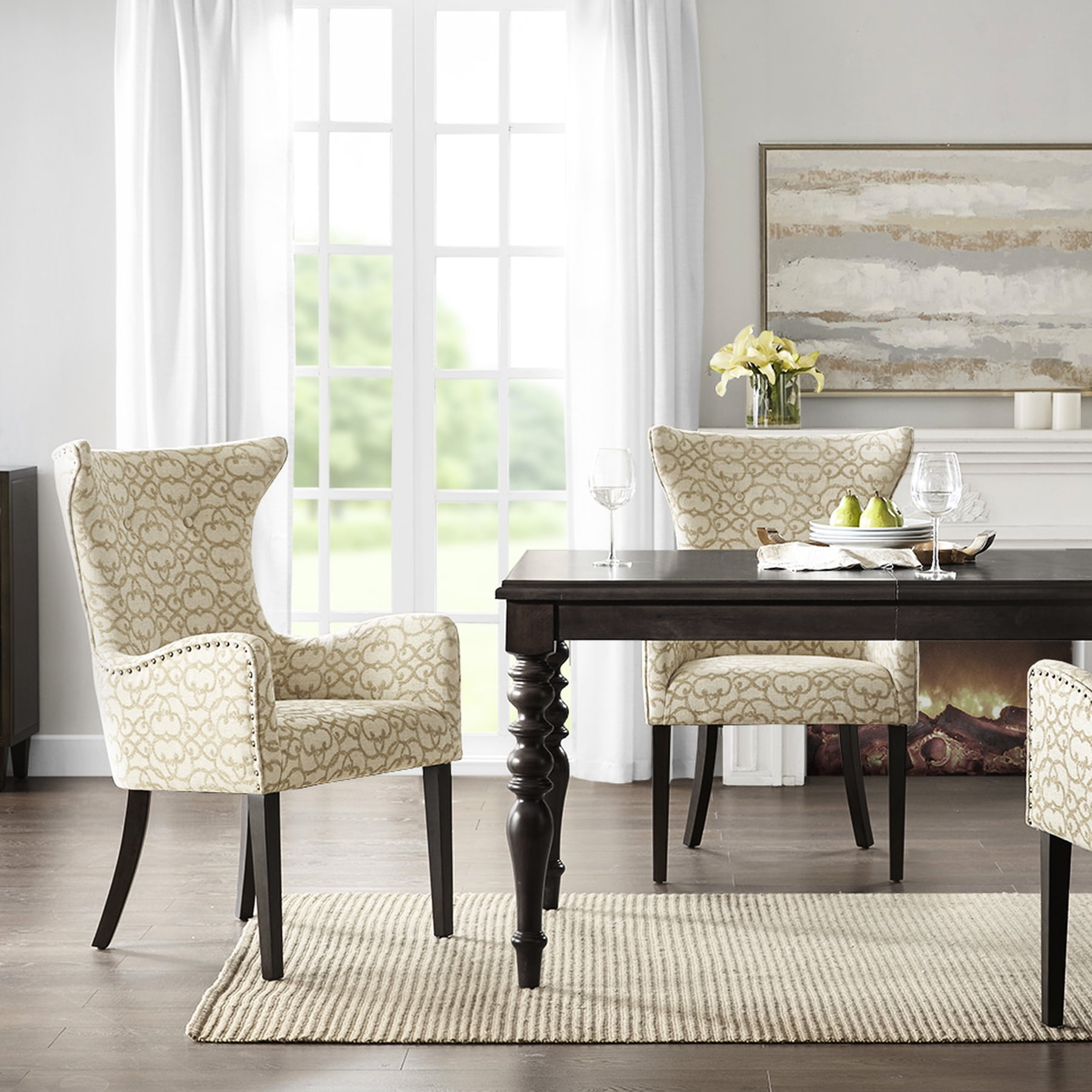Arm Dining Chairs (2) - Tan Upholstery, Solid Wood Legs In Dark Coffee, Bronze Nailhead ...