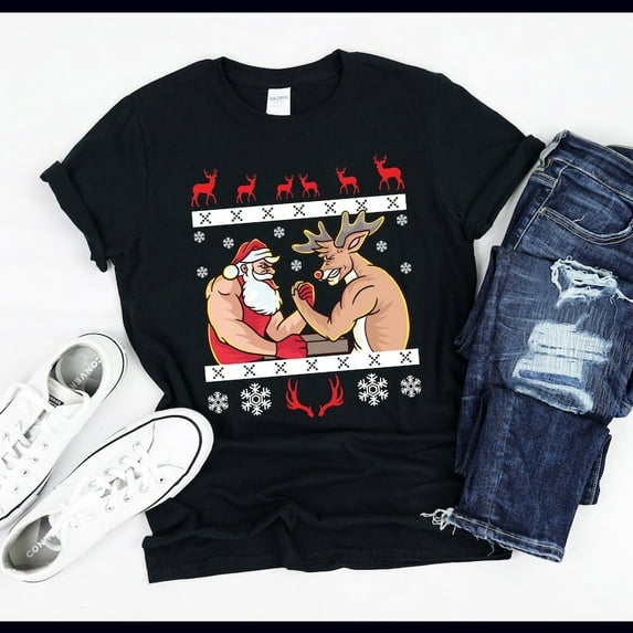 Arm Wrestling Ugly Christmas Sweater Santa Reindeer Sport Novelty Tee ...