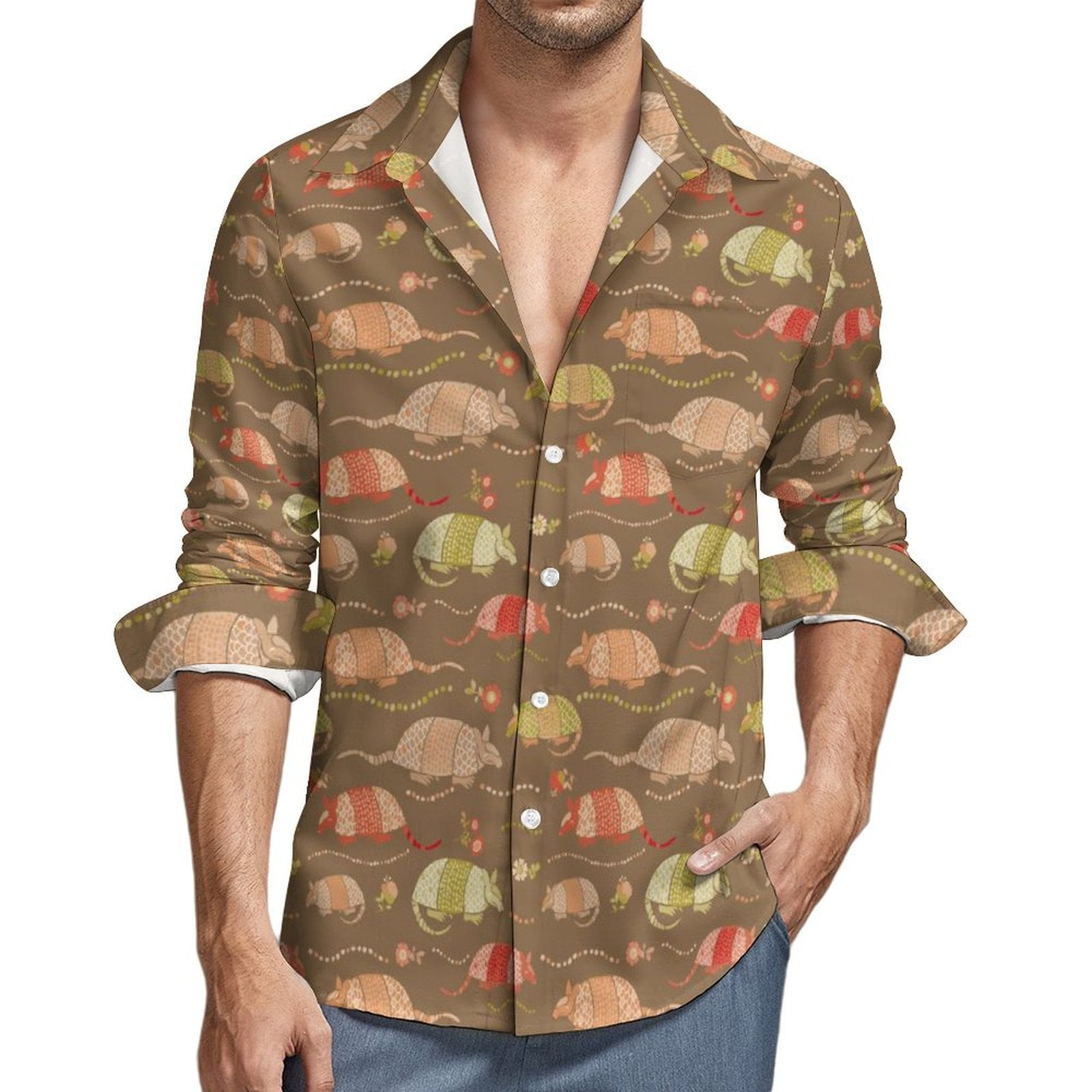 Armadillo Floral 1 Mens Long Sleeve Button Down Shirts, Casual Men's ...