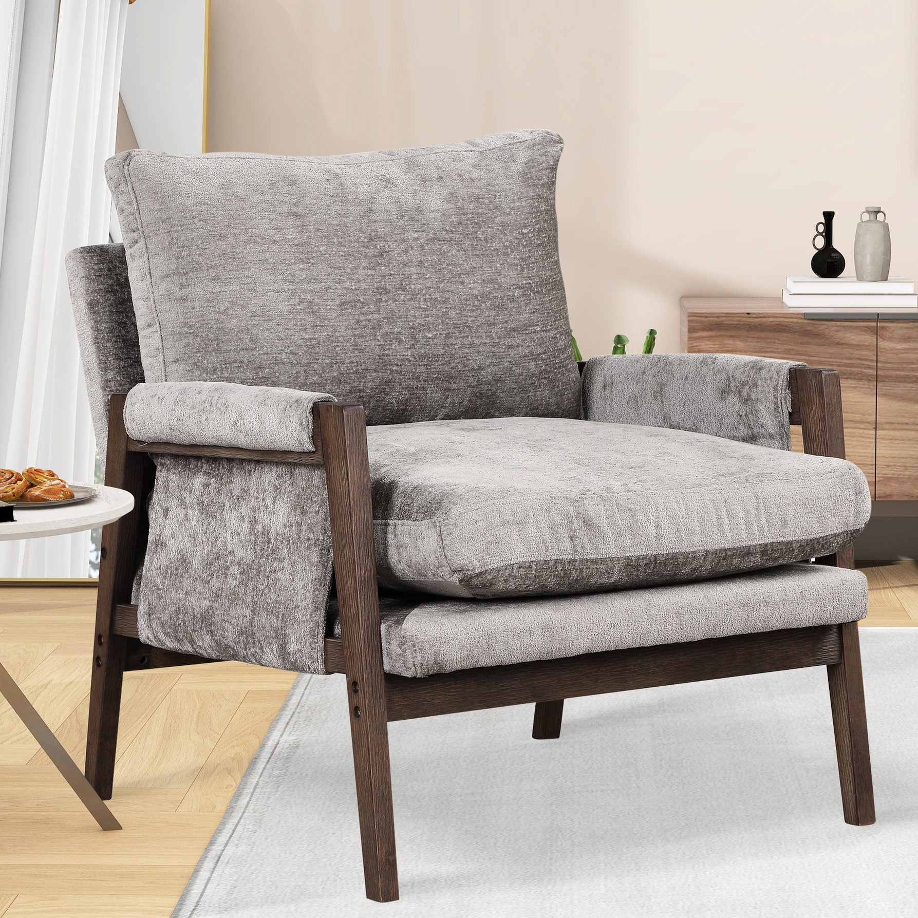 Armchair with Mid - Century Design | Rubberwood Frame and Velvet ...