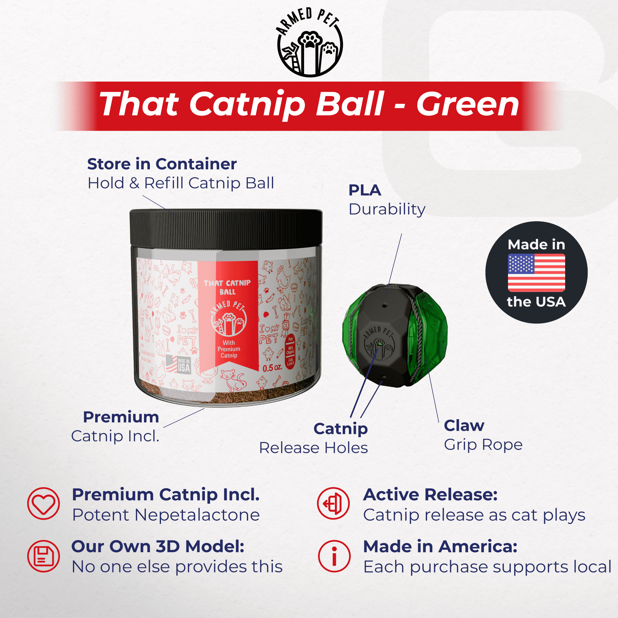 ArmedPet That Catnip Ball (Green) Toy for Cats – Easy Refill, Premium ...