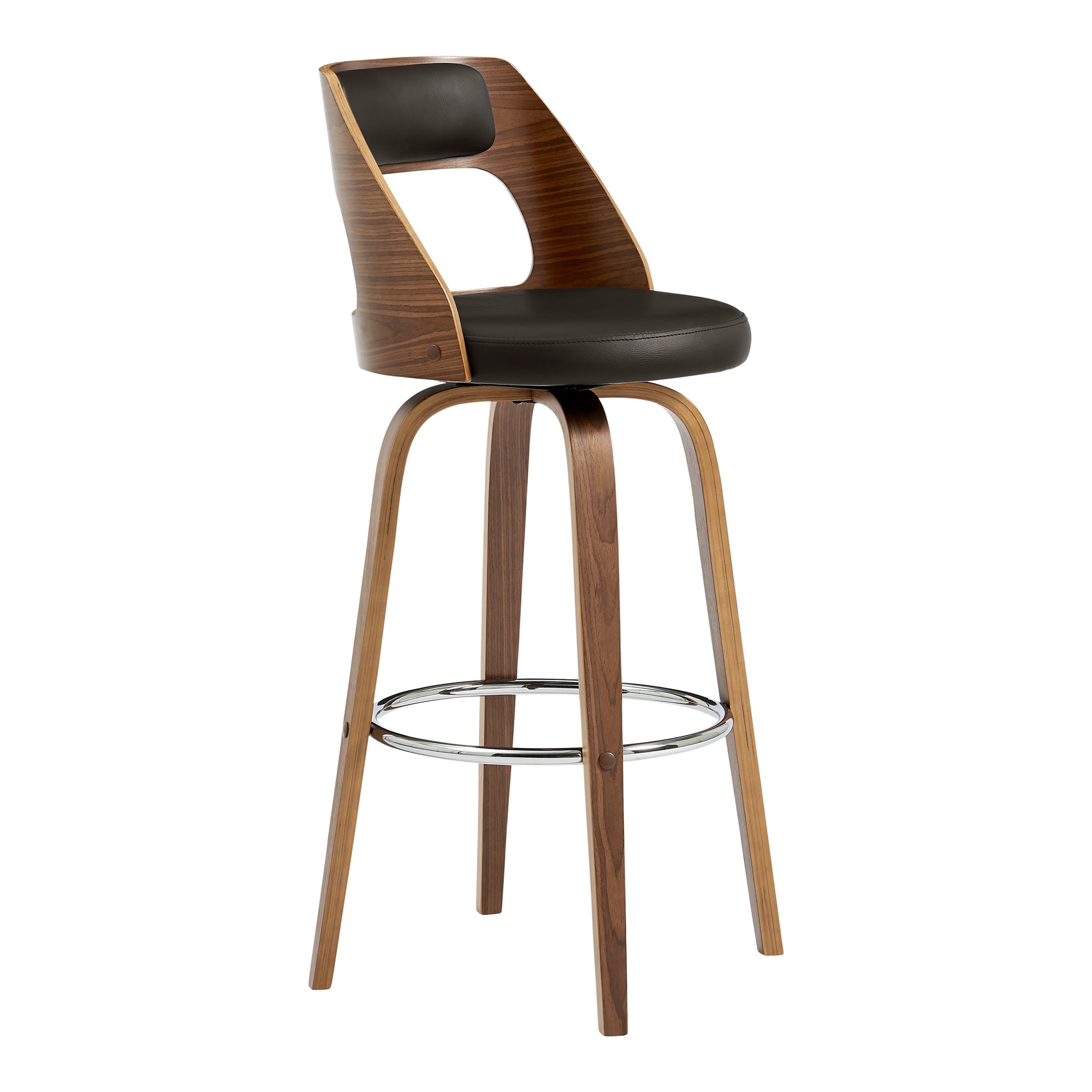 Axel 30" Swivel Bar Stool in Brown Faux Leather and Walnut Wood ...