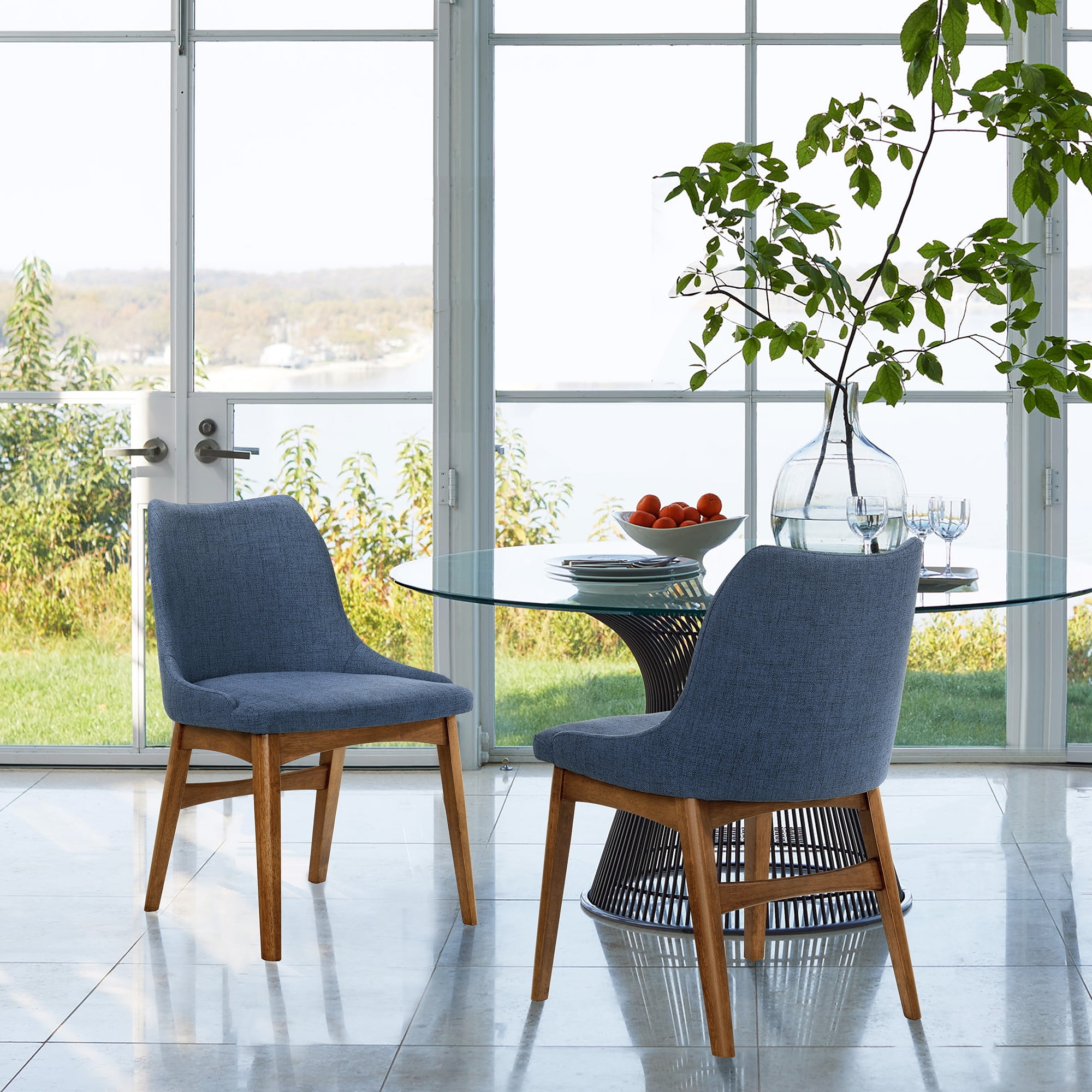 Azalea Blue Fabric and Walnut Wood Dining Side Chairs - Set of 2 ...