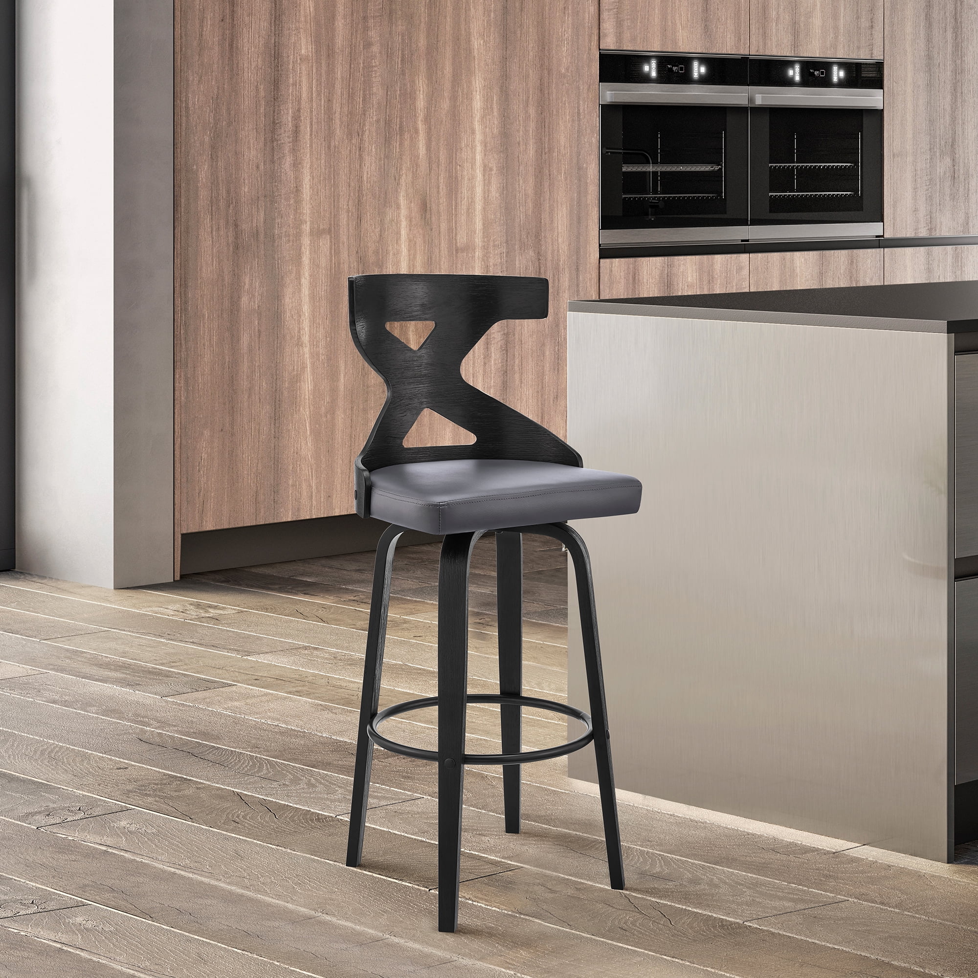 Armen Living Gayle 26" Faux Leather Swivel Cross Counter Stool in Gray ...