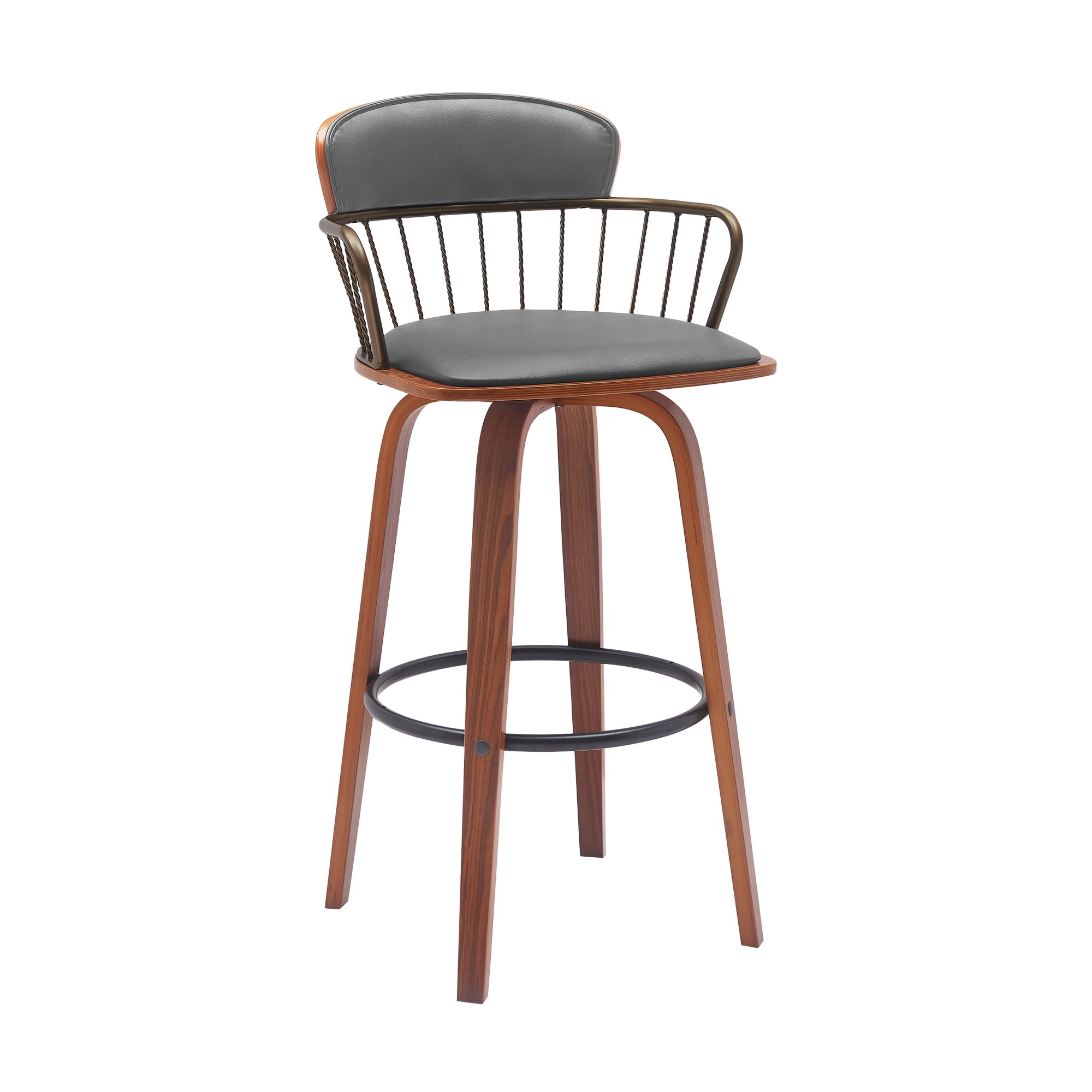 Willow 30" Swivel Walnut Wood Bar Stool in Gray Faux Leather with ...