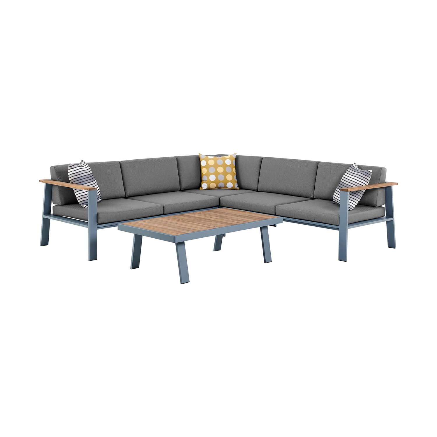 Armen Living Nofi Aluminum and Teak Wood Outdoor Coffee Table in Gray ...