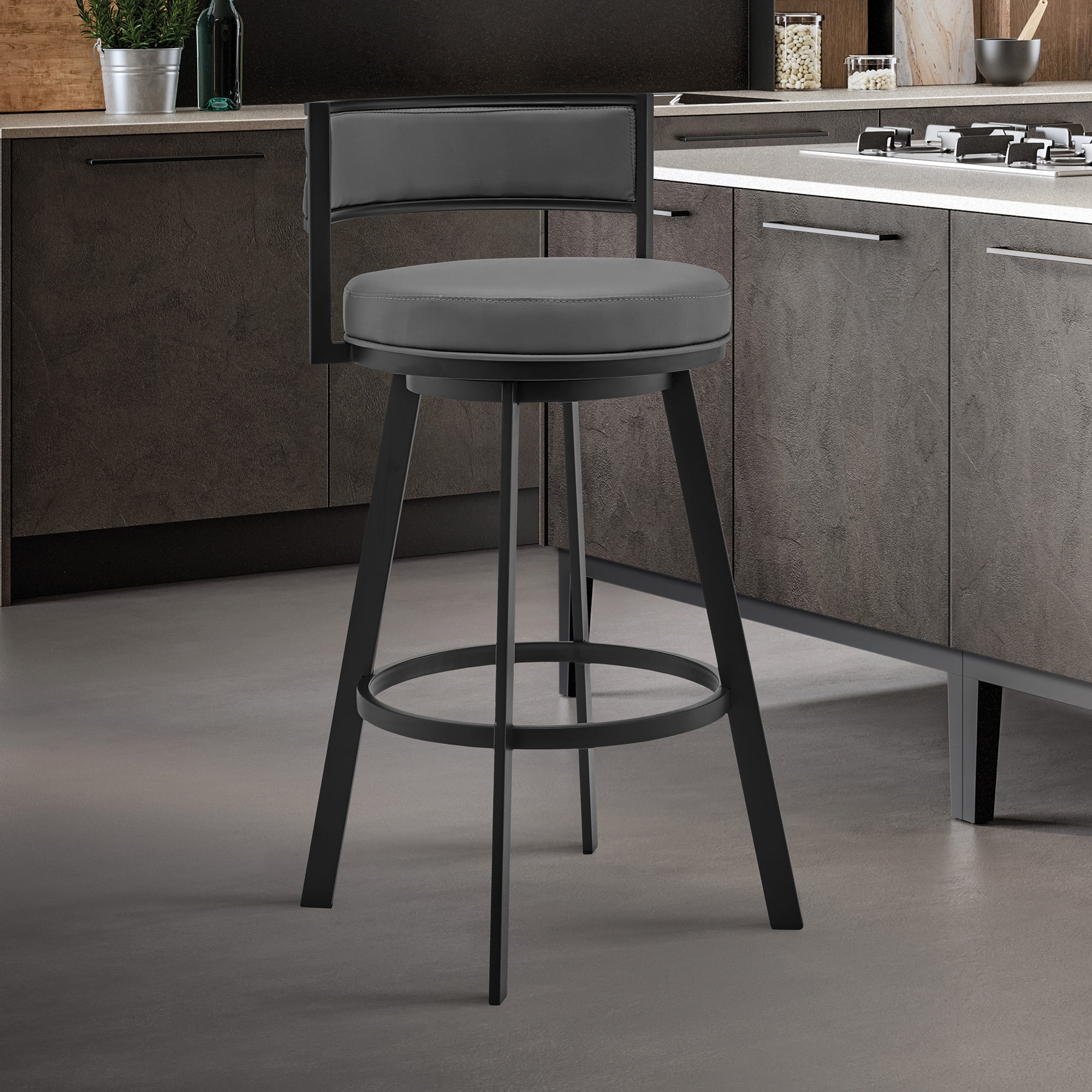 Armen Living Roman 30" Faux Leather Swivel Bar Stool in Gray/Black ...