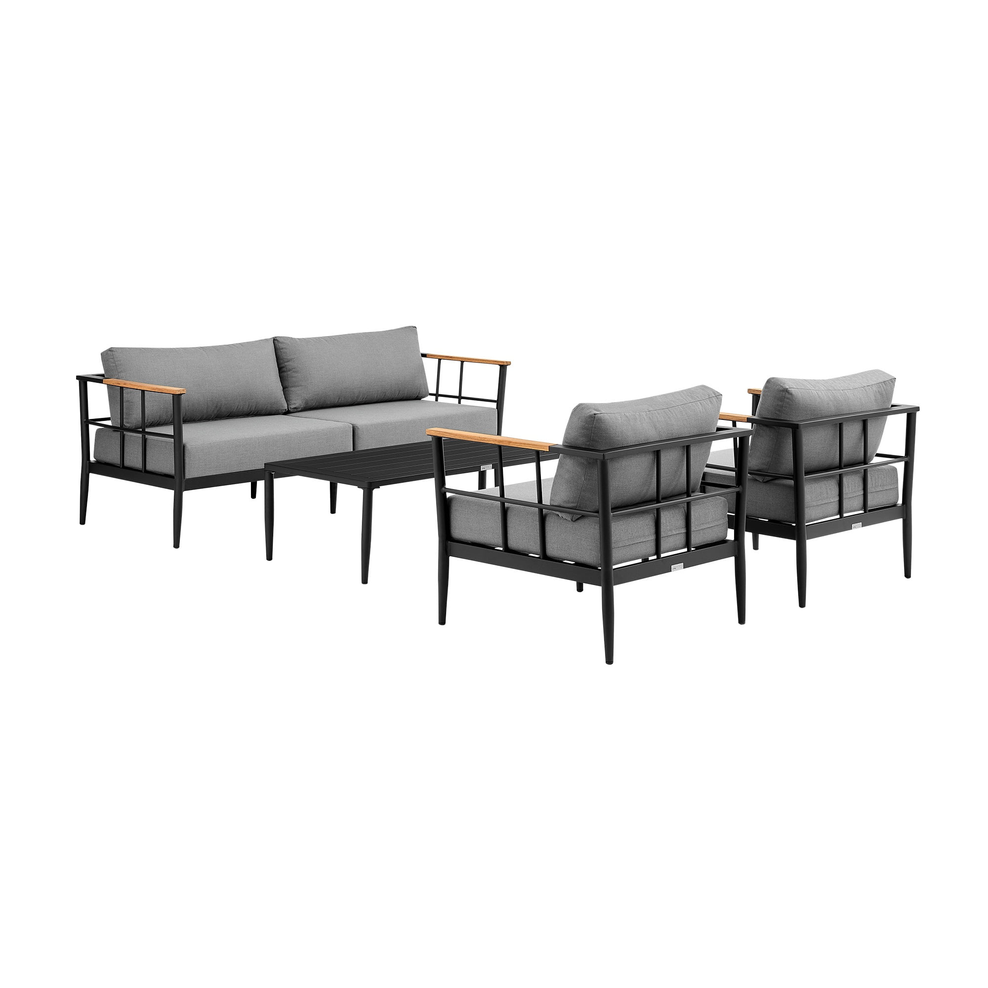Armen Living Veyda Outdoor 4-Piece Aluminum & Teak Lounge Set in Gray ...