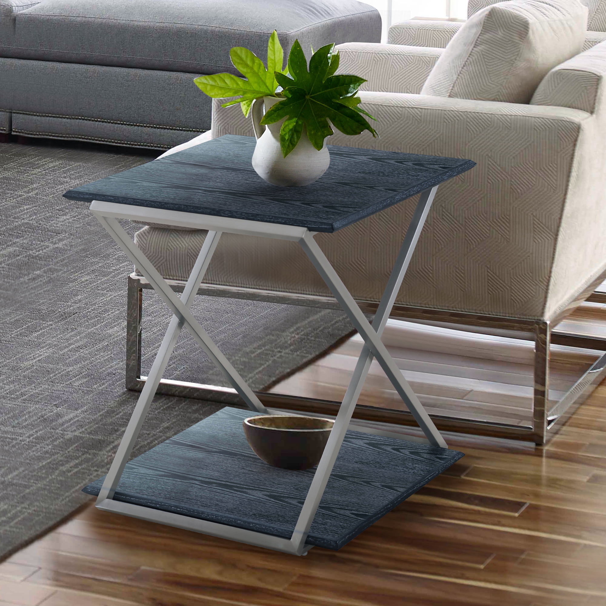 Armen Living Westlake Modern Wood & Metal End Table in Black/Stainless ...