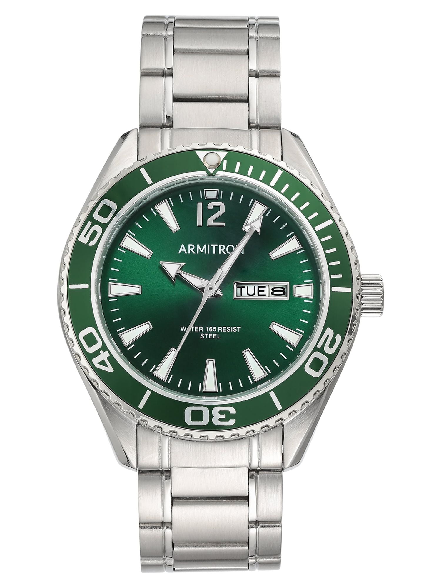 Armitron Men's 20mm Silver-Tone Bracelet Wristwatch, Green Sunray Dial ...