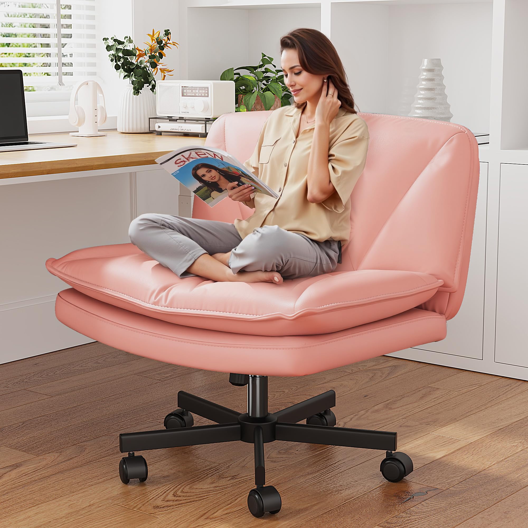 Armless 27 Inch Wide Criss Cross Chair with Wheels, Leather Cross ...