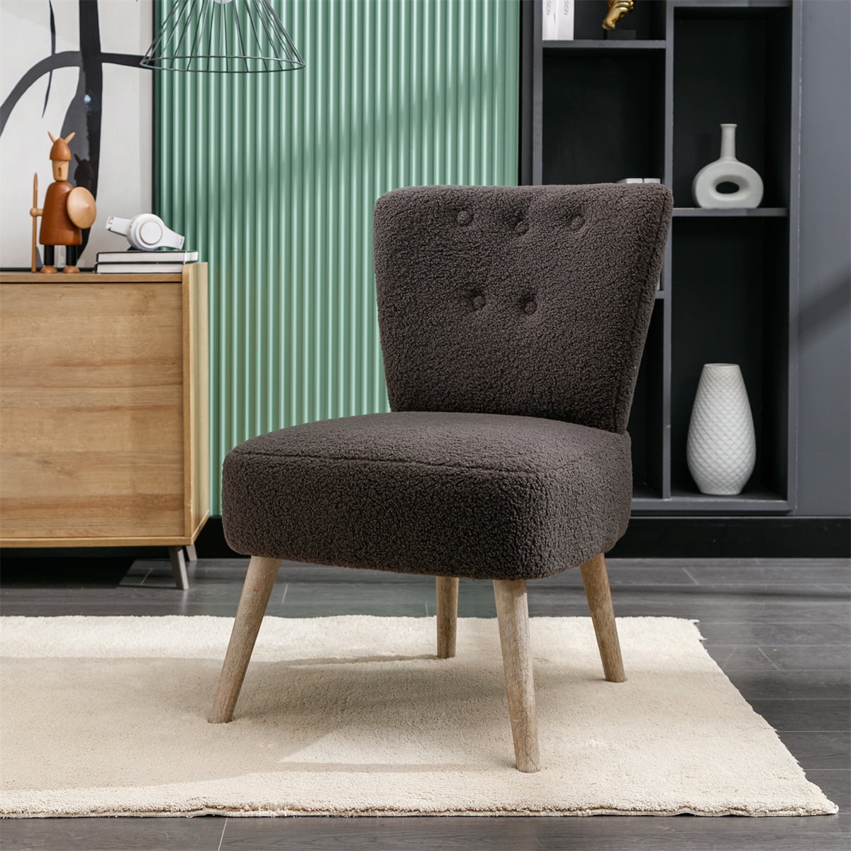 Armless Accent Chair,Teddy Fabric Single Sofa Chair with Wood Legs ...