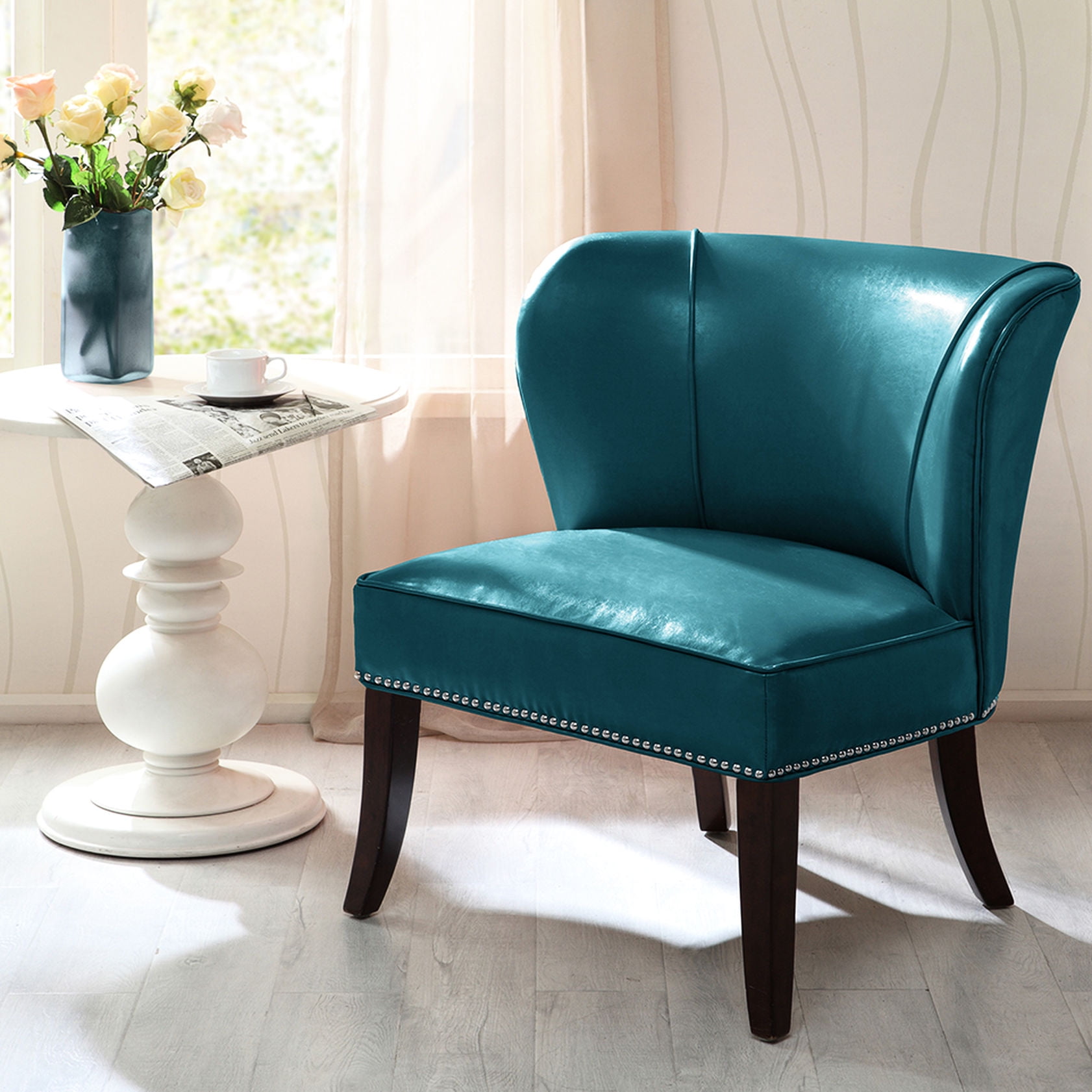 Armless Chair with Polyester Fabric and Nailheads | Solid Wood Frame ...
