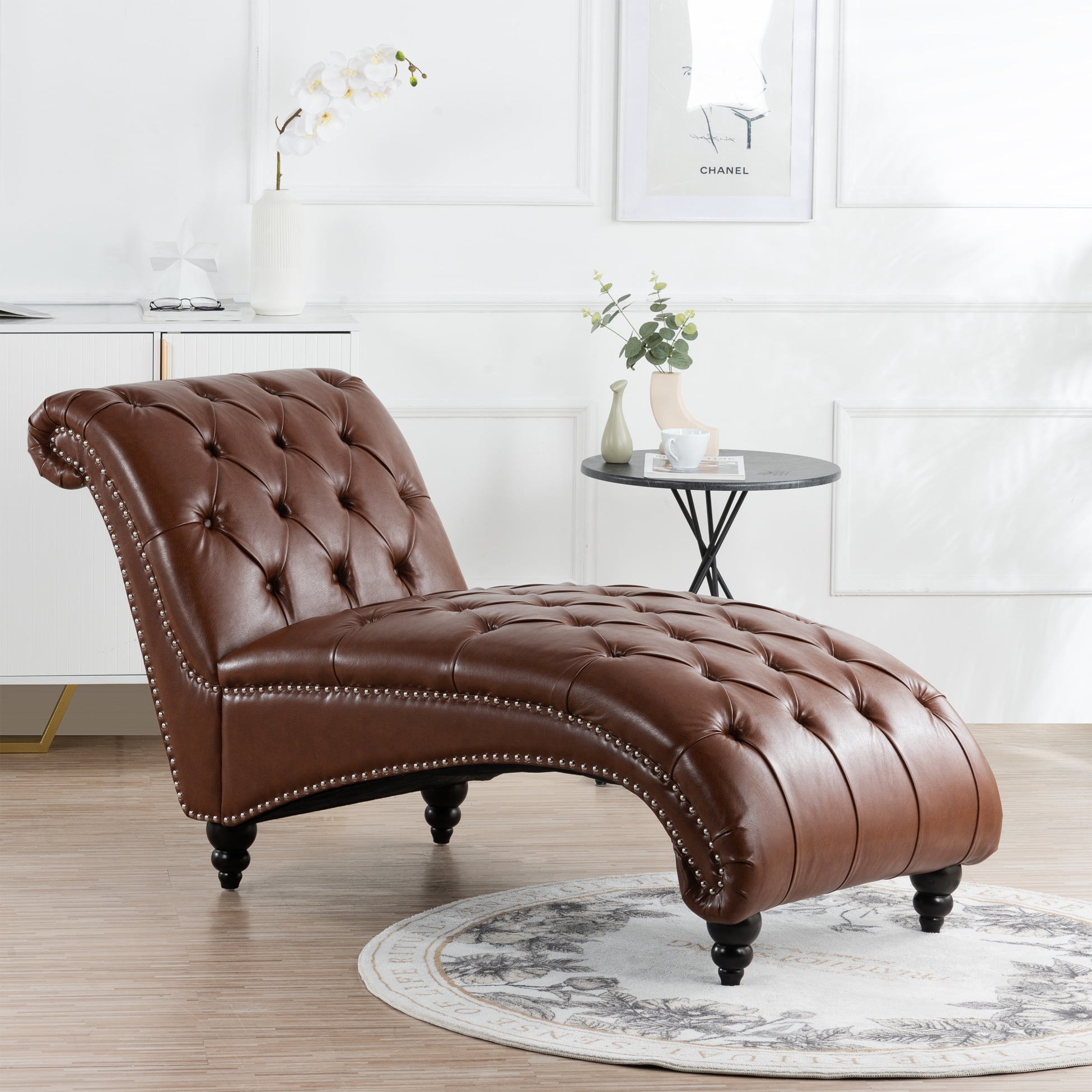 Armless Chaise Lounge with Botton Tufted Design, Modern PU Lounge ...