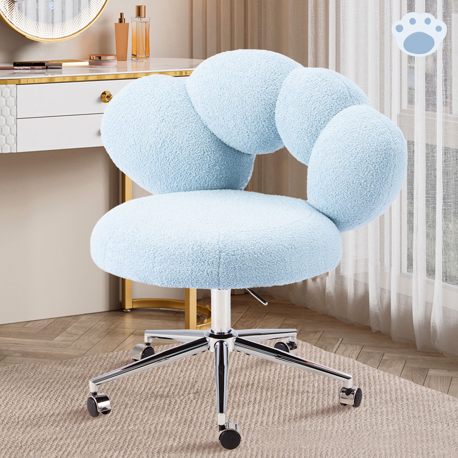 Armless Desk Chair Teddy Fabric Makeup Vanity Chair with Wheels ...