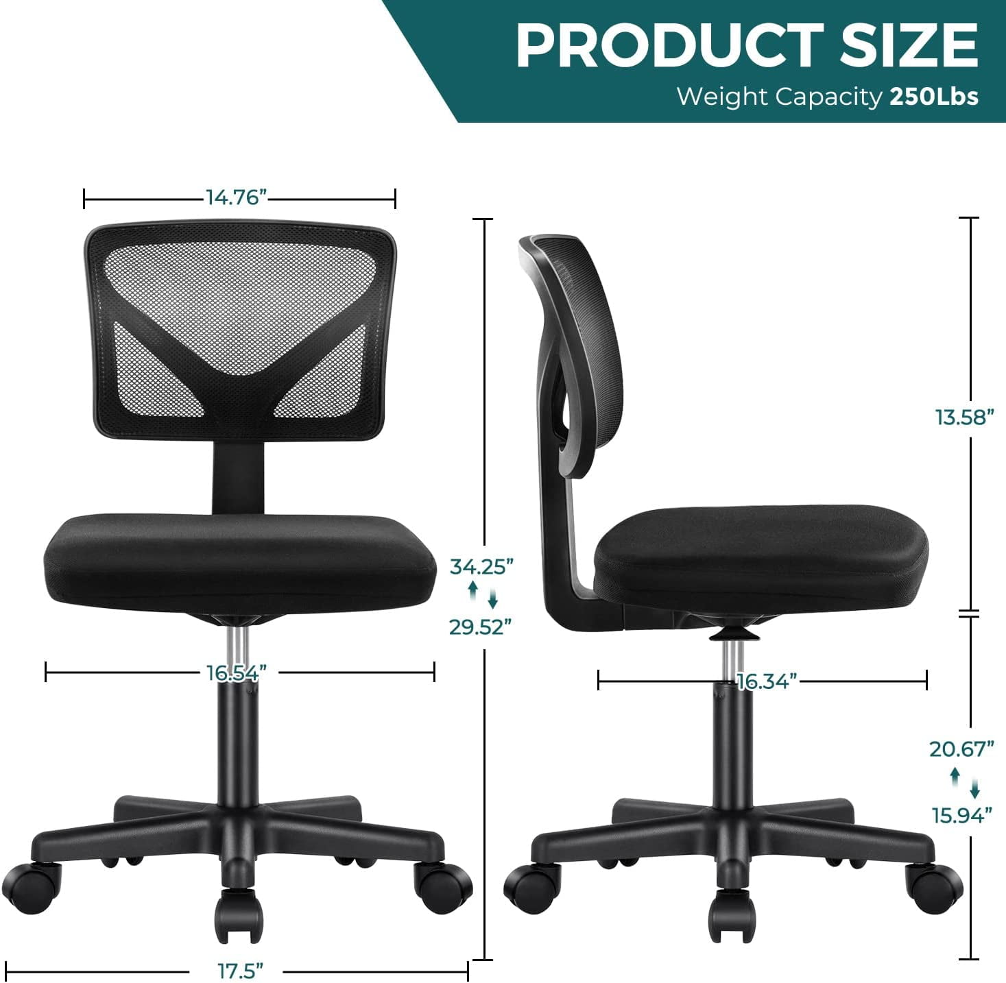 Armless Desk Chair with Wheels, Ergonomic Adjustable Mesh Mid Back ...