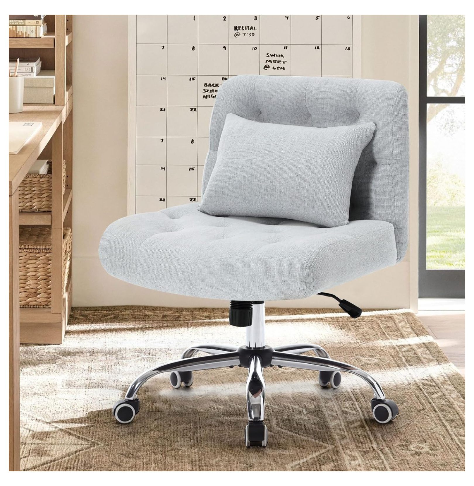 Armless Fabric Office Desk Chair with Wheels, Cross Legged Wide Seat ...