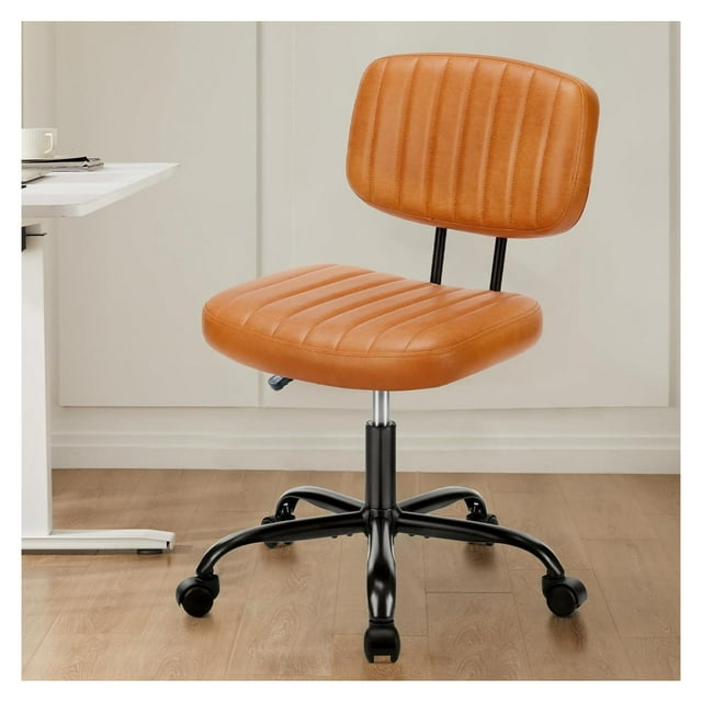 Armless Home Office Desk Chair with Wheels, PU Leather Low Back Lumbar ...