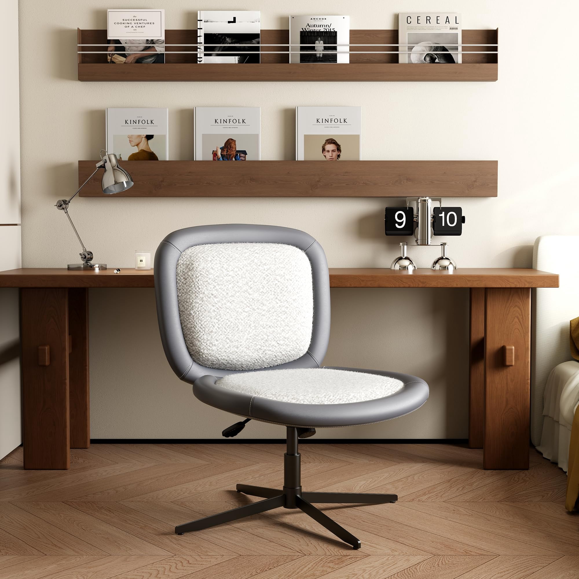 Armless Mid Back Home Office Chair No Wheels Beige Upholstered Swivel ...