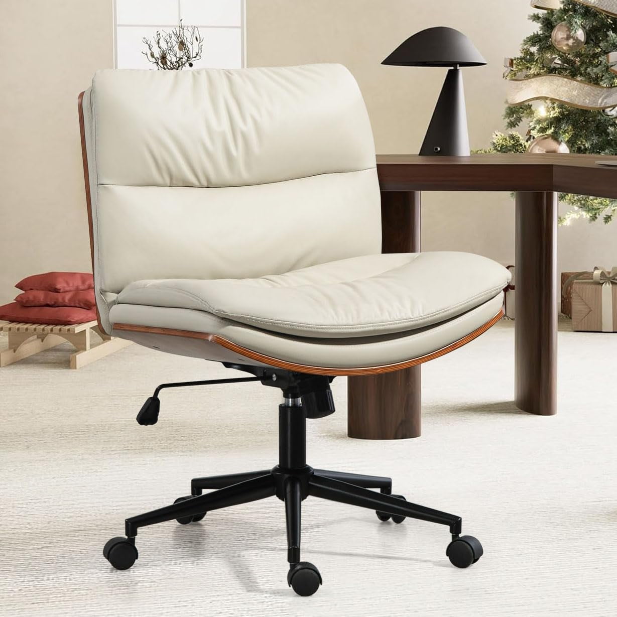 Armless Modern Walnut Office Desk Chair with Wheels, PU Leather ...