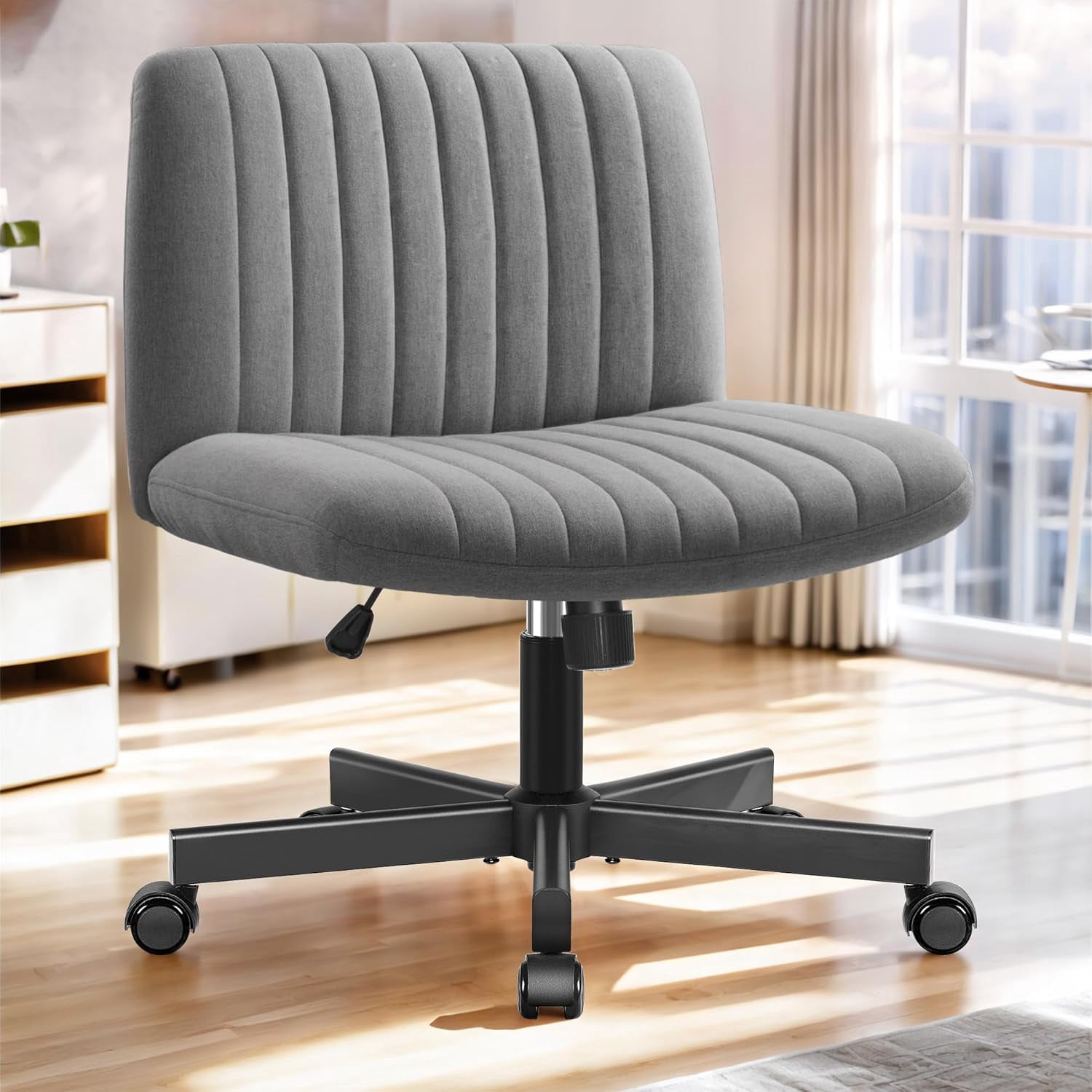 Armless Office Chair with Wheels Ergonomic Wide Seat Fabric Cross ...