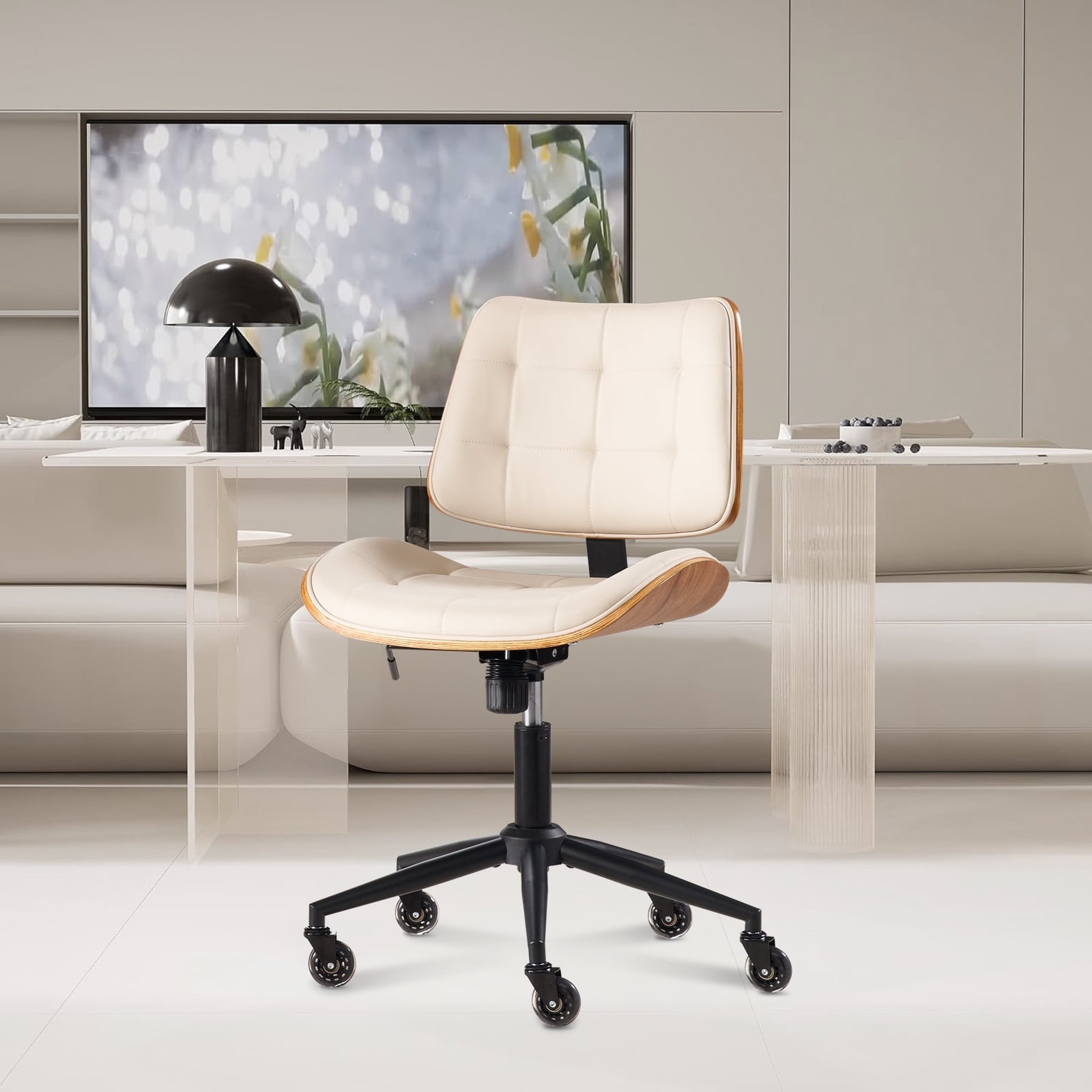 Armless Office Chair with Wheels, Modern PU Leather Desk Chair with ...