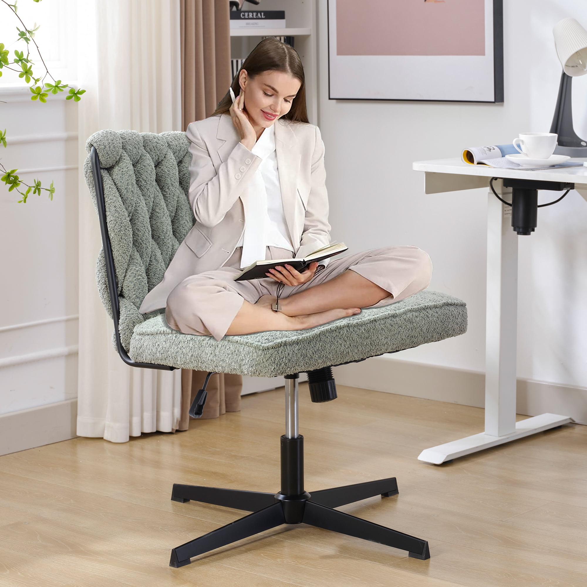 Armless Office Chair no Wheels, Ergonomic Wide Seat Swivel Desk Chair ...
