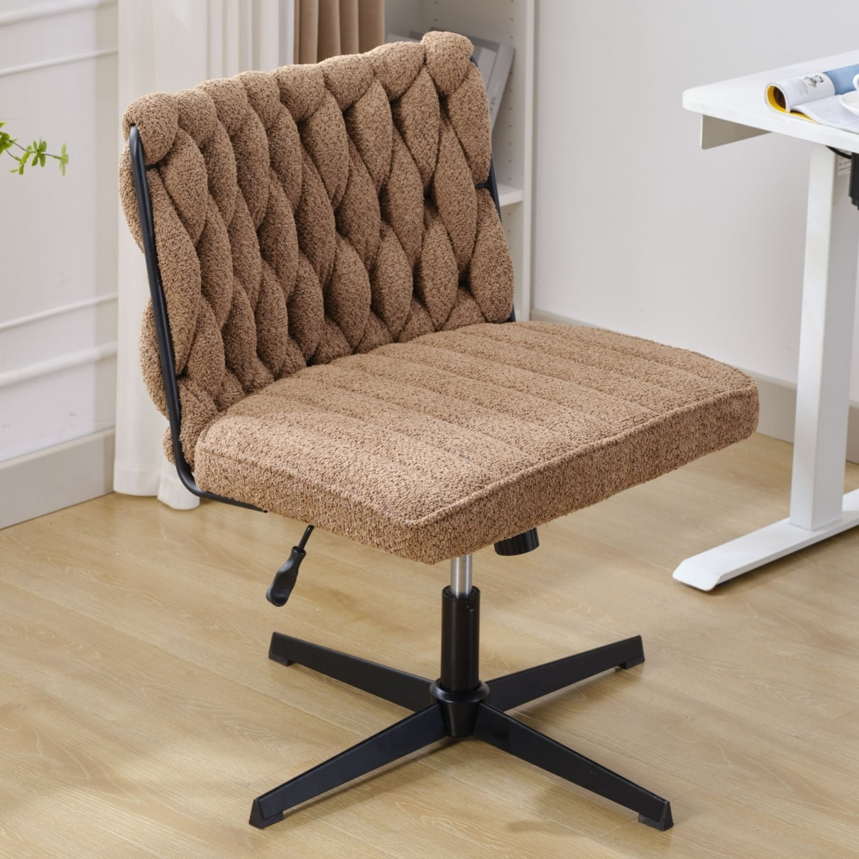 Armless Office Desk Chair No Wheels, Modern Teddy Fabric Swivel Rocking ...