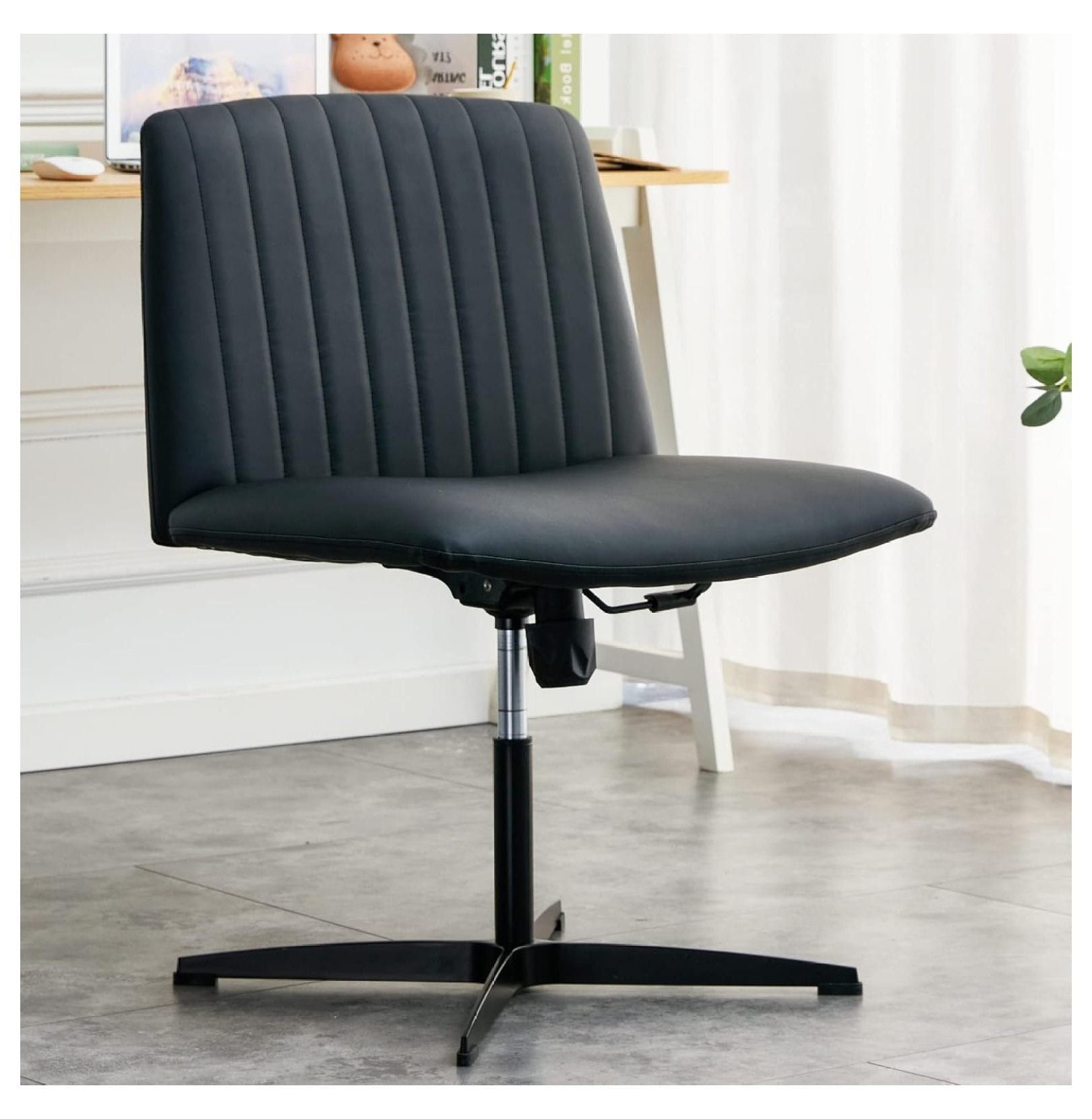 Armless Office Desk Chair No Wheels,PU Leather Padded Swivel Vanity ...