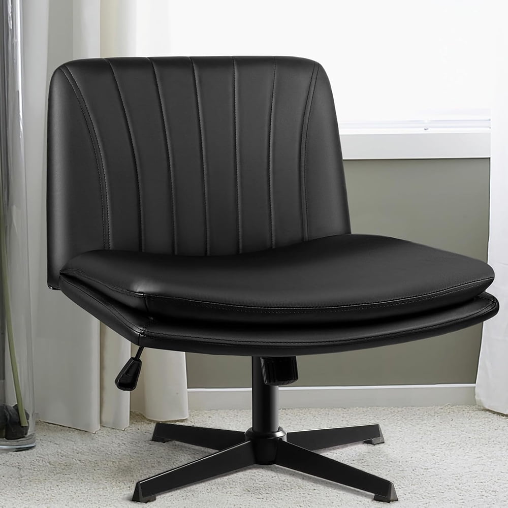 Armless Office Desk Chair, PU Leather Criss Cross Legged Wide Padded ...