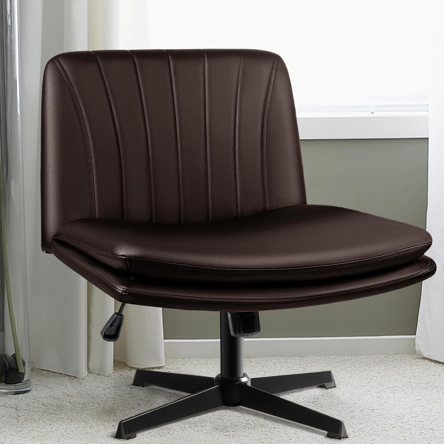 Armless Office Desk Chair with Wheels,Faux Leather Cross Legged Wide ...