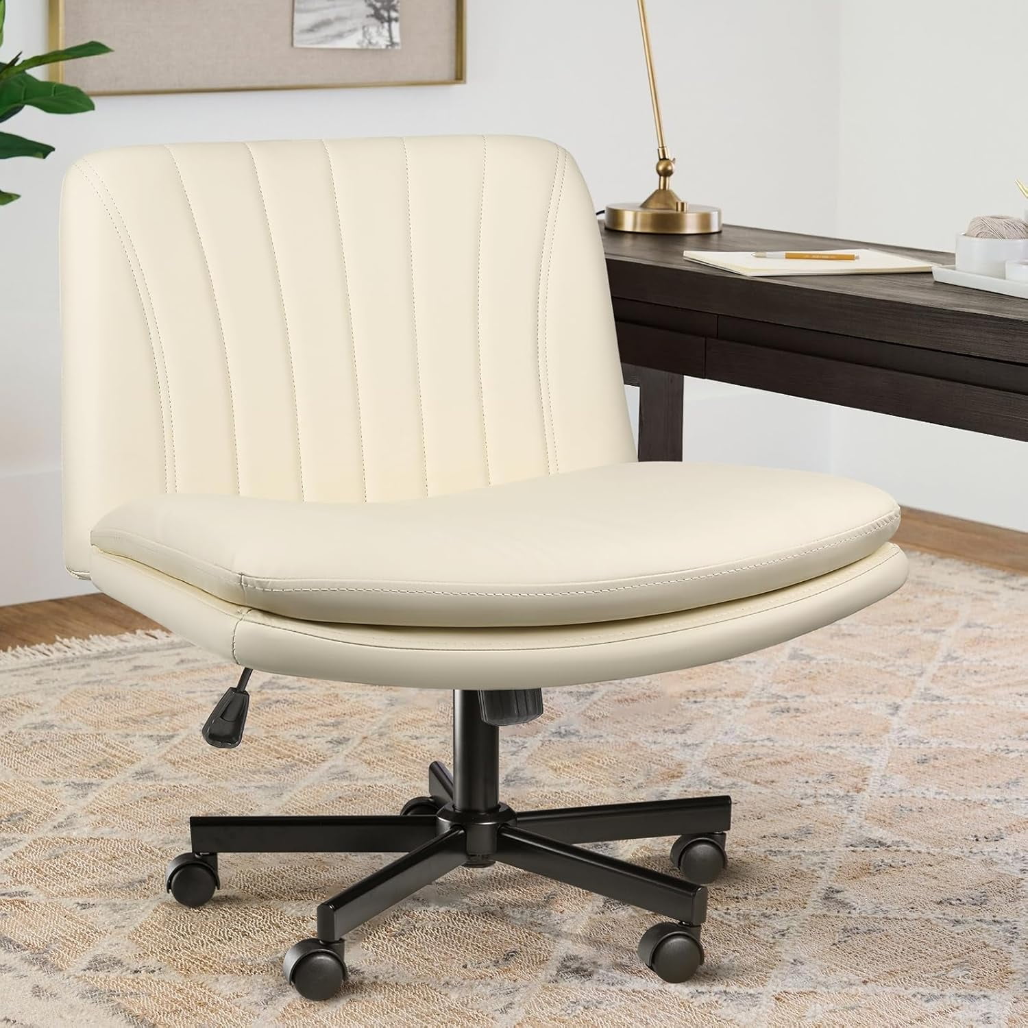 Armless Office Desk Chair with Wheels,Faux Leather Cross Legged Wide ...