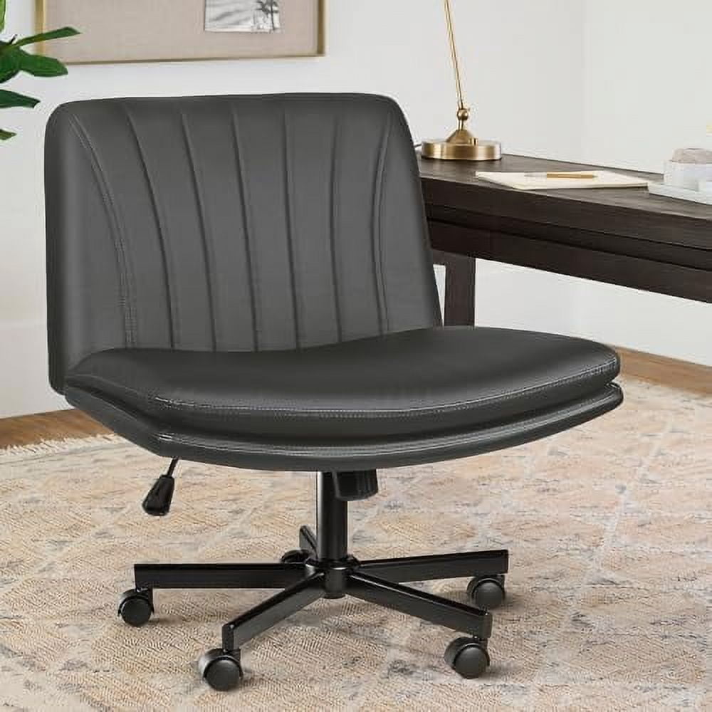 Armless Office Desk Chair with Wheels,Faux Leather Cross Legged Wide ...