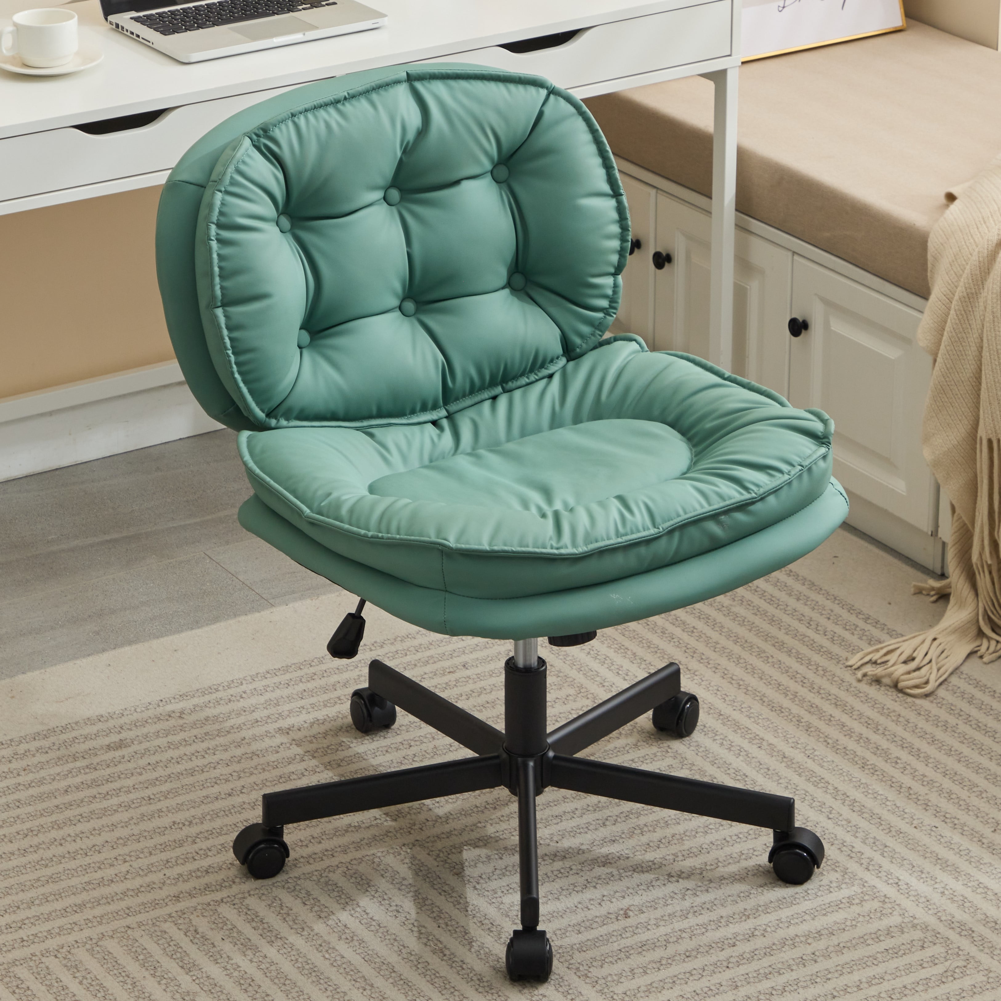 Armless-Office Desk Chair with Wheels: PU Leather Cross Legged Wide ...