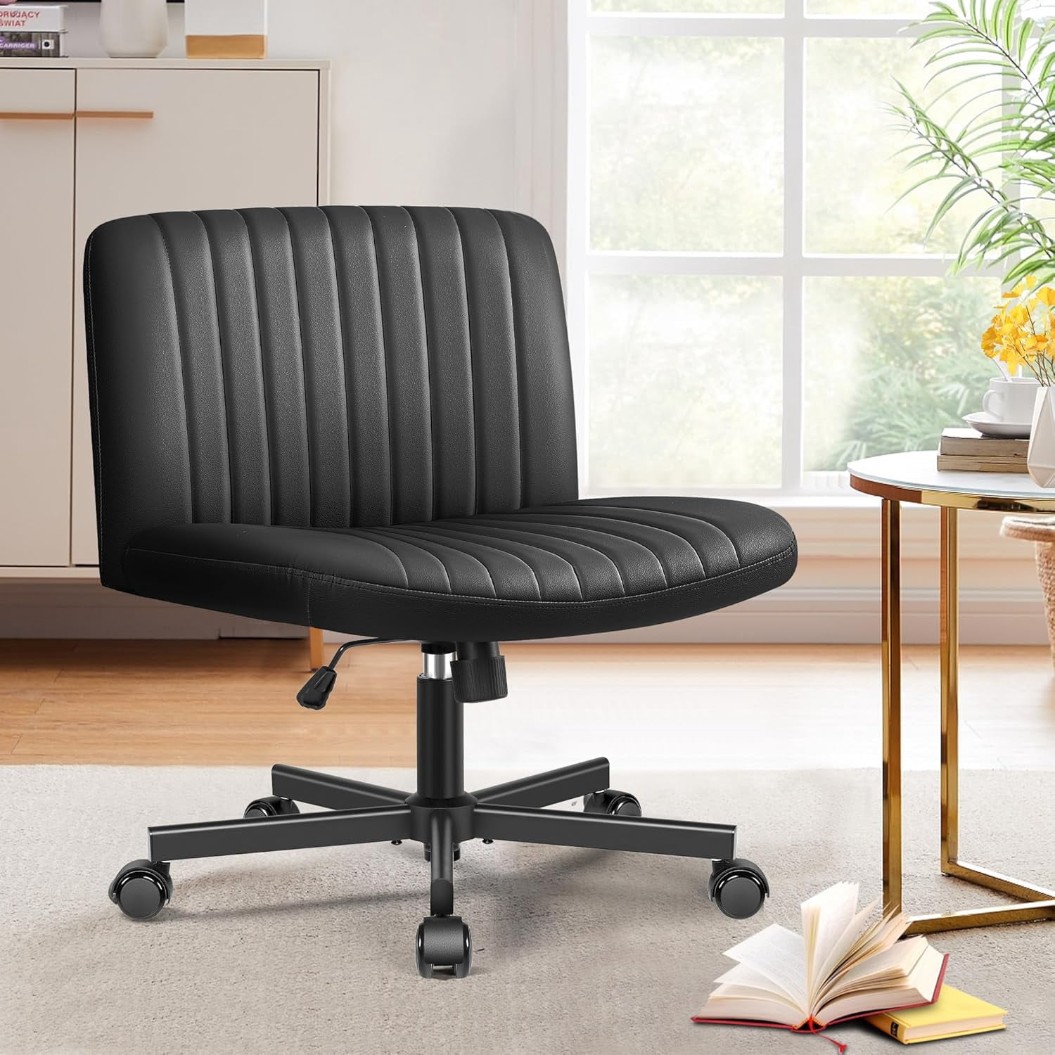 Armless-Office Desk Chair with Wheels, PU Leather Cross Legged Wide ...