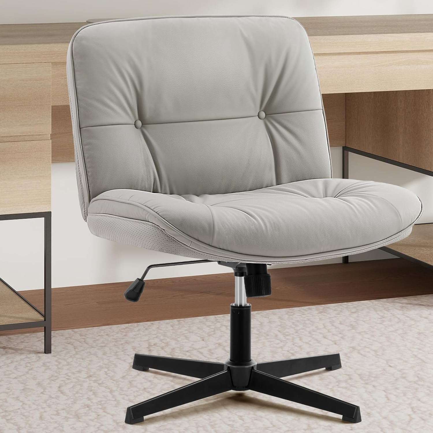 Armless-Office Desk Chair Without Wheels, Legged Wide Chair, PU Leather ...