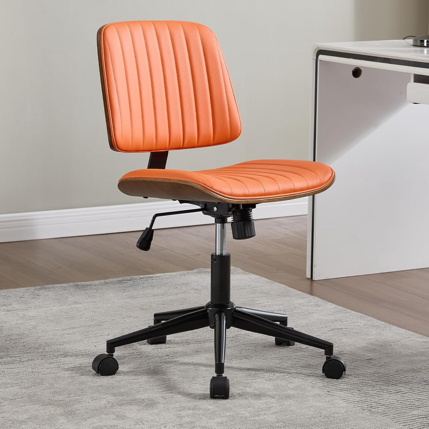 Armless Small Home Office Chair – Orange PU Leather, Ergonomic Mid-Back ...