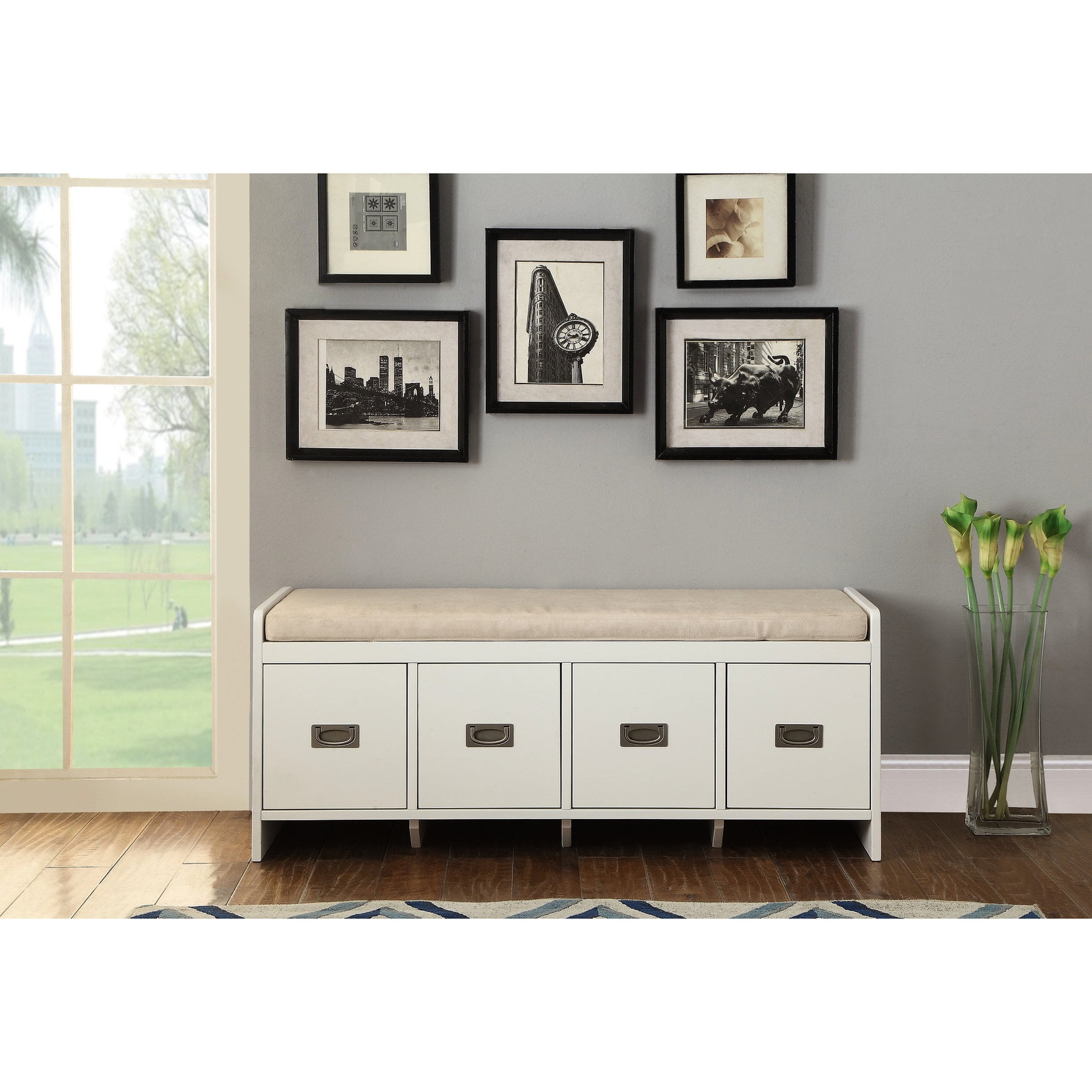 Armless Storage Bench / Entryway Accent / Glide Side Metal Drawers ...