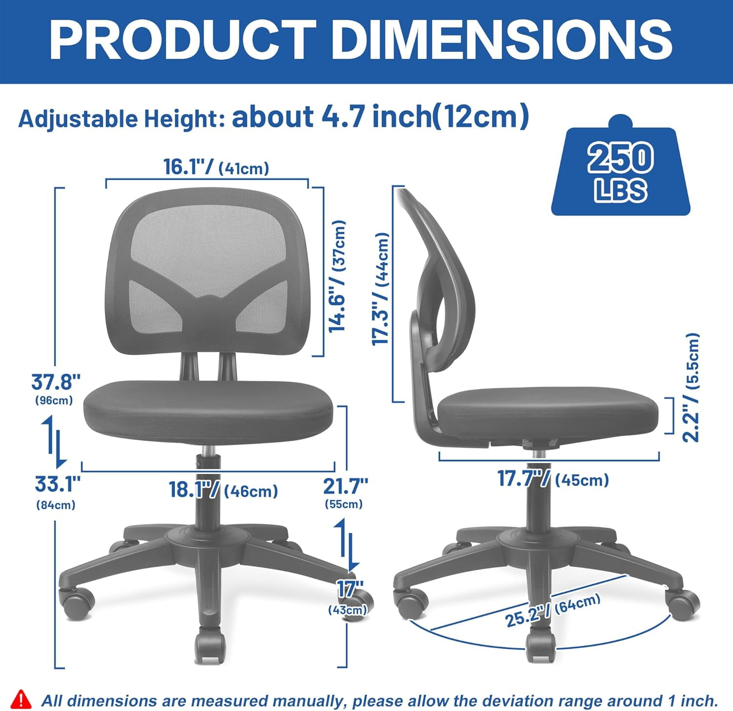 Armless Swivel Mesh Office Chair Height Adjustable with Lumbar Support ...