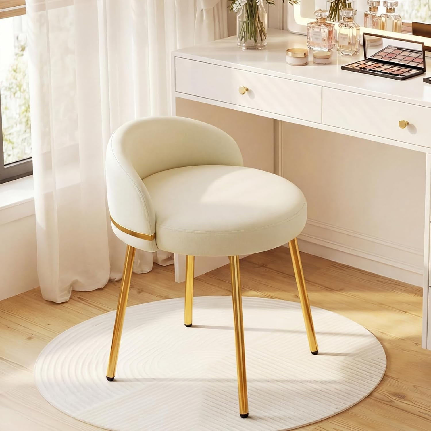 Armless Vanity Chair with Gold Bese, Cute PU Leather Makeup Chair with ...