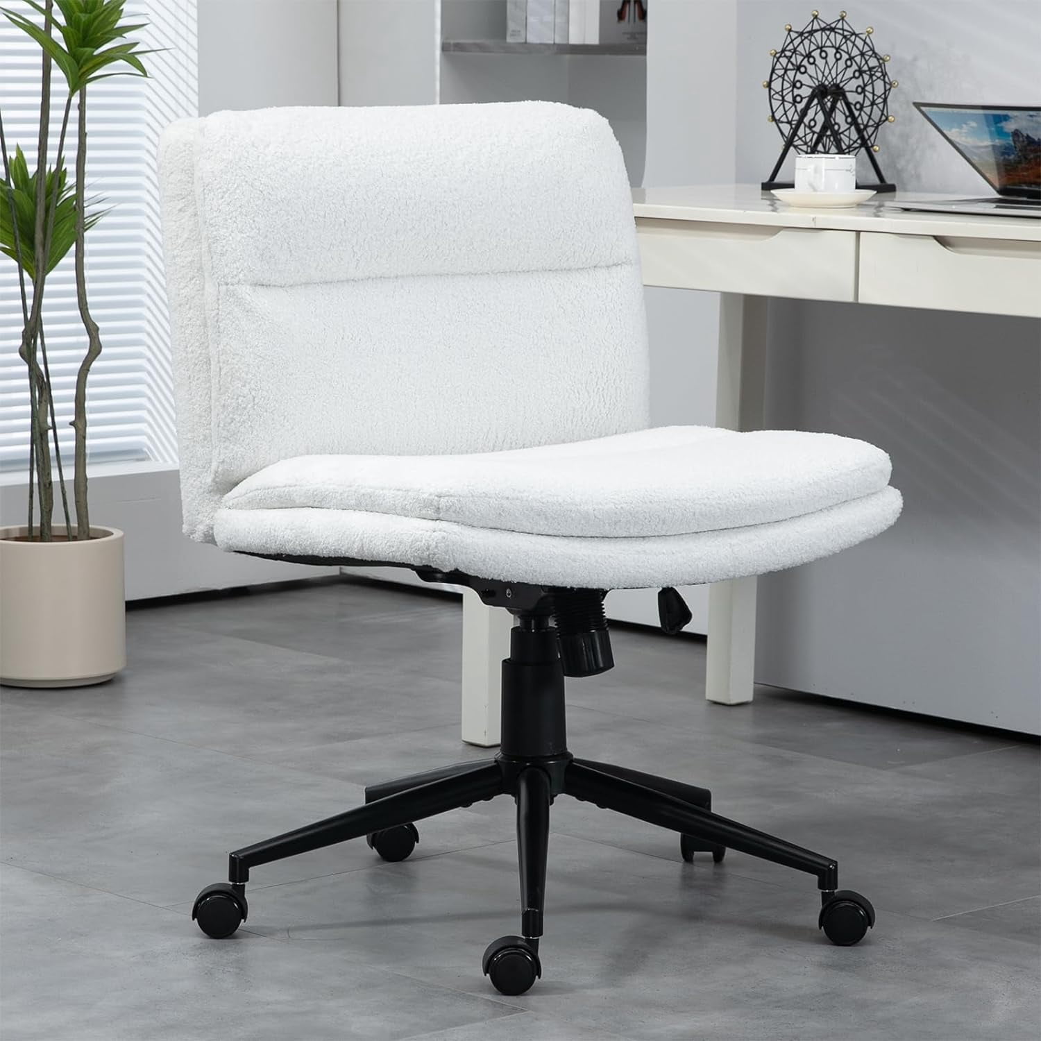 Armless Wide Office Desk Chair with Wheels, Teddy Fleece Vanity Chair ...