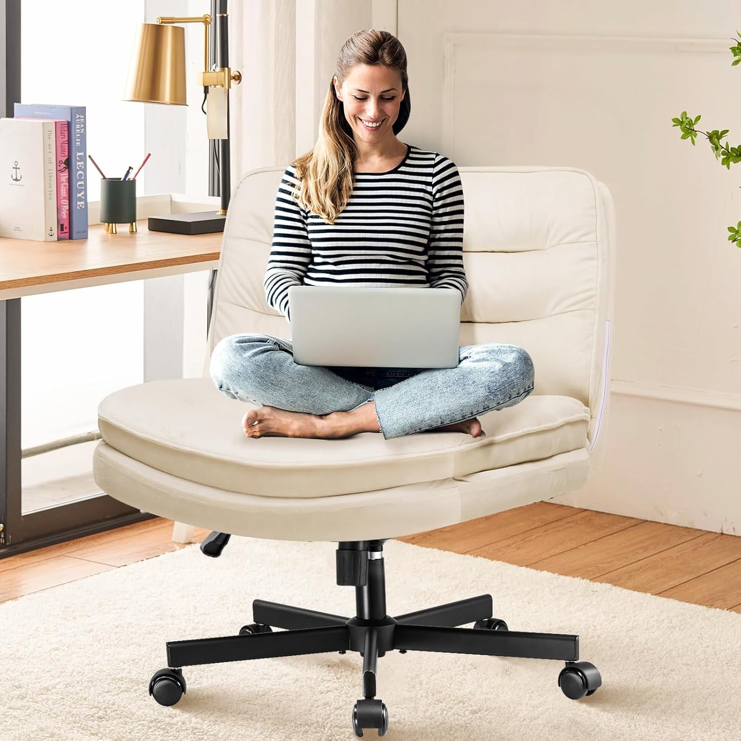 Armless office chair with criss cross legs and wheels, swivel vanity ...