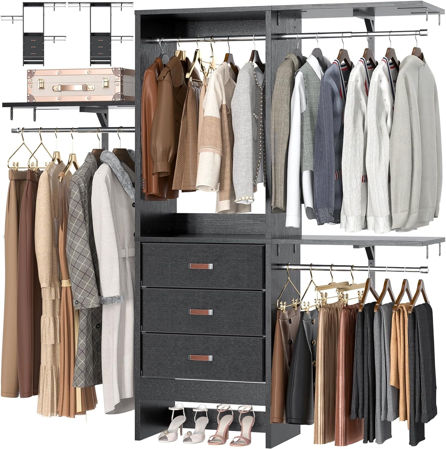 Armocity 5FT Small Closet System with 3 Fabric Drawers,60 Inches Walk ...